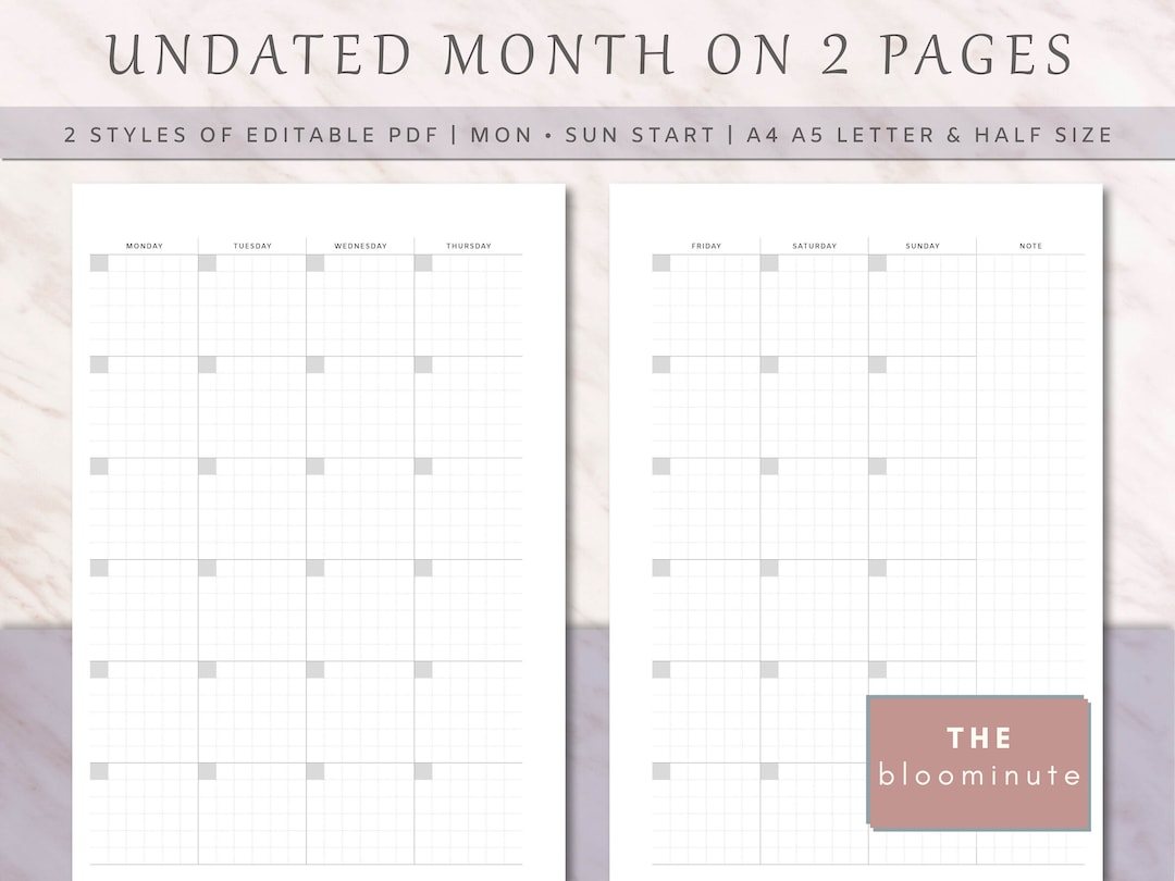 Month on 2 Pages Editable Planner Undated Monthly Planner Fillable PDF ...