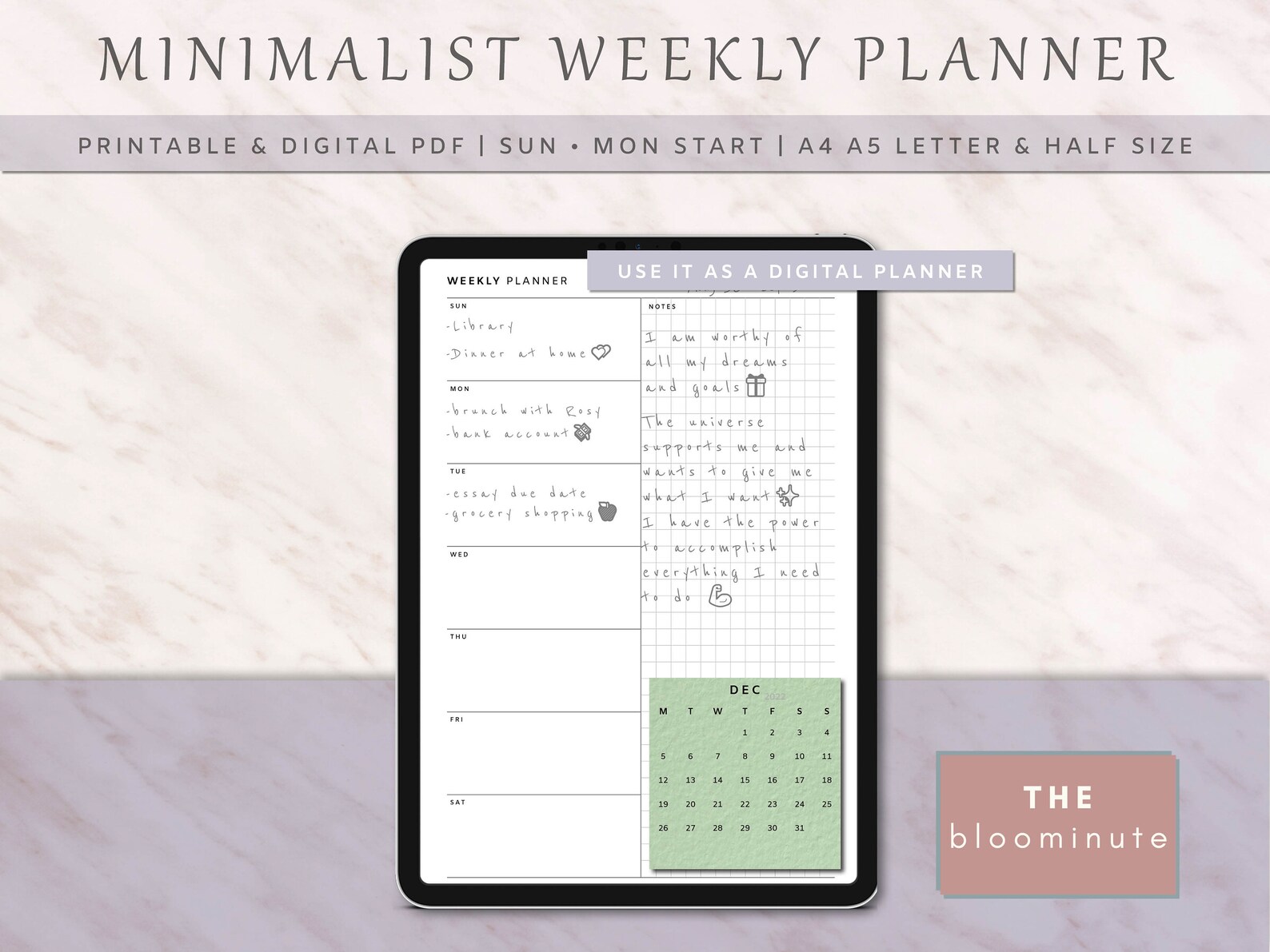Minimalist Weekly Planner Printable PDF Week on 1 Page Simple - Etsy