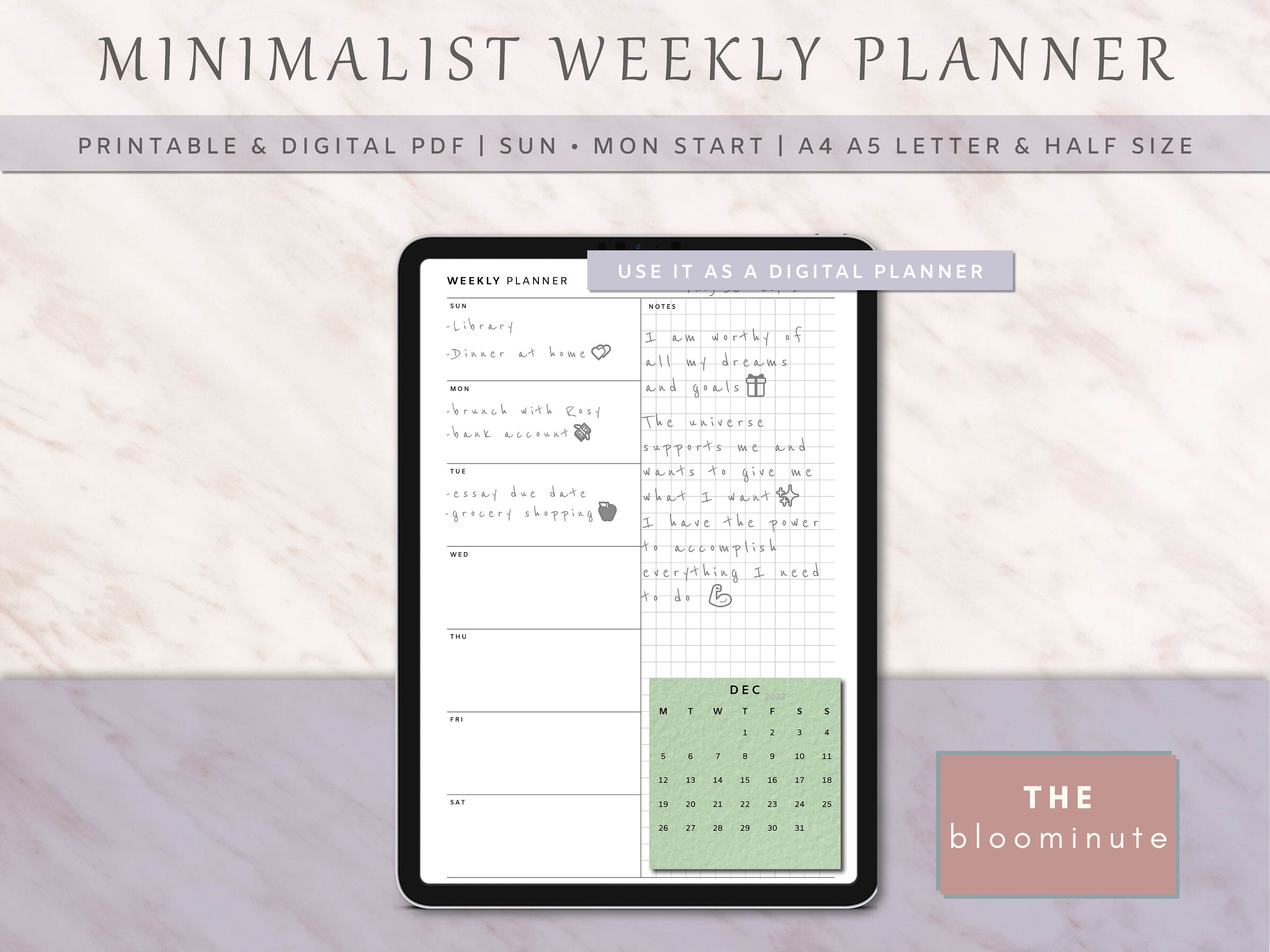 Minimalist Weekly Planner Printable PDF Week on 1 Page Simple - Etsy