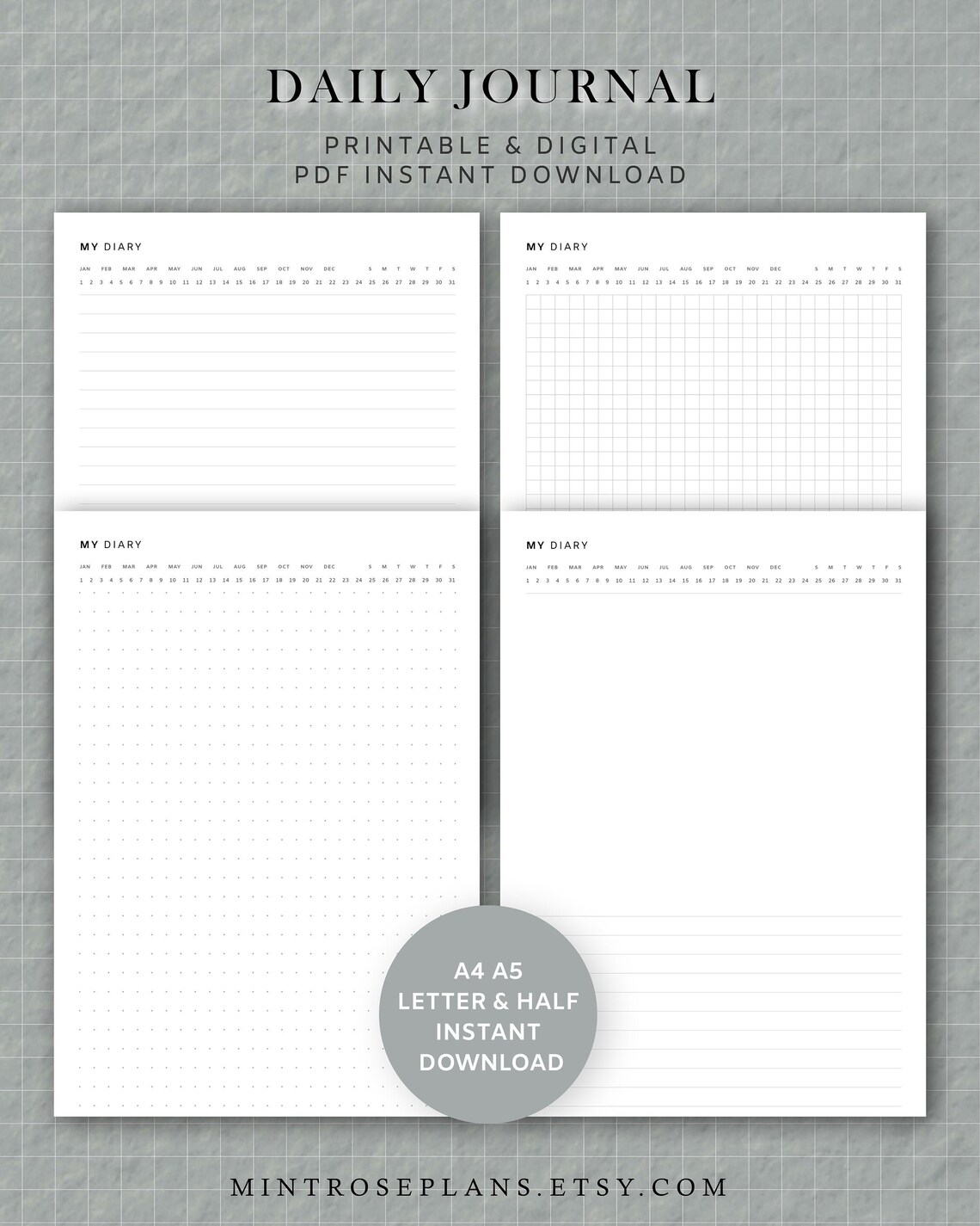 Printable & Digital Day Reflection Journal Pages Lined Dot | Etsy