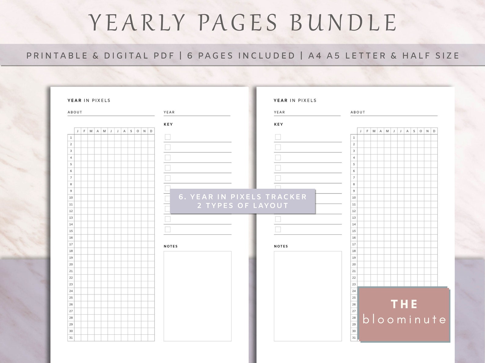 Printable Yearly Pages Bundle | A4, A5, Letter & Half | Year-long ...