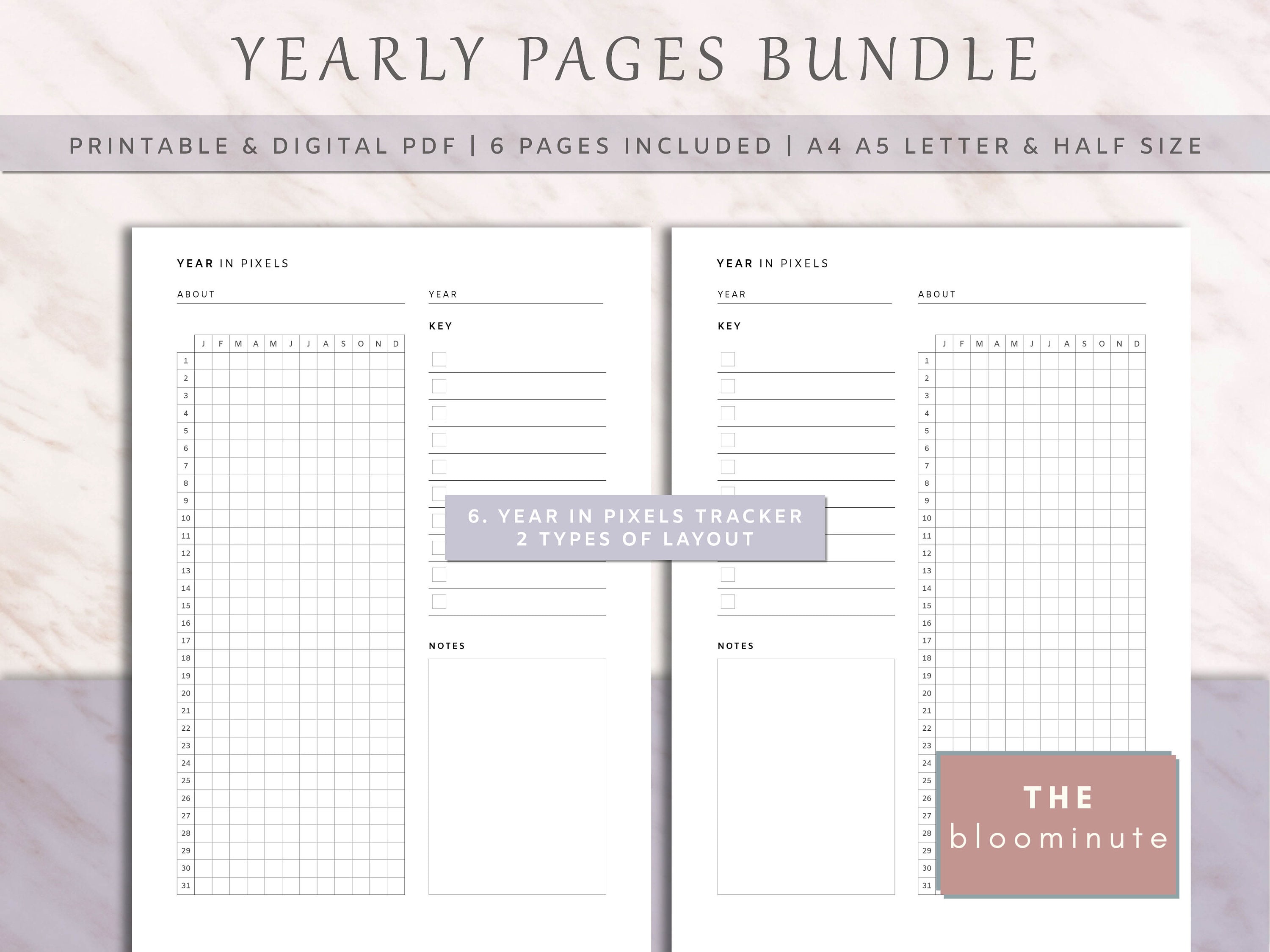 Printable Yearly Pages Bundle | A4, A5, Letter & Half | Year-long ...