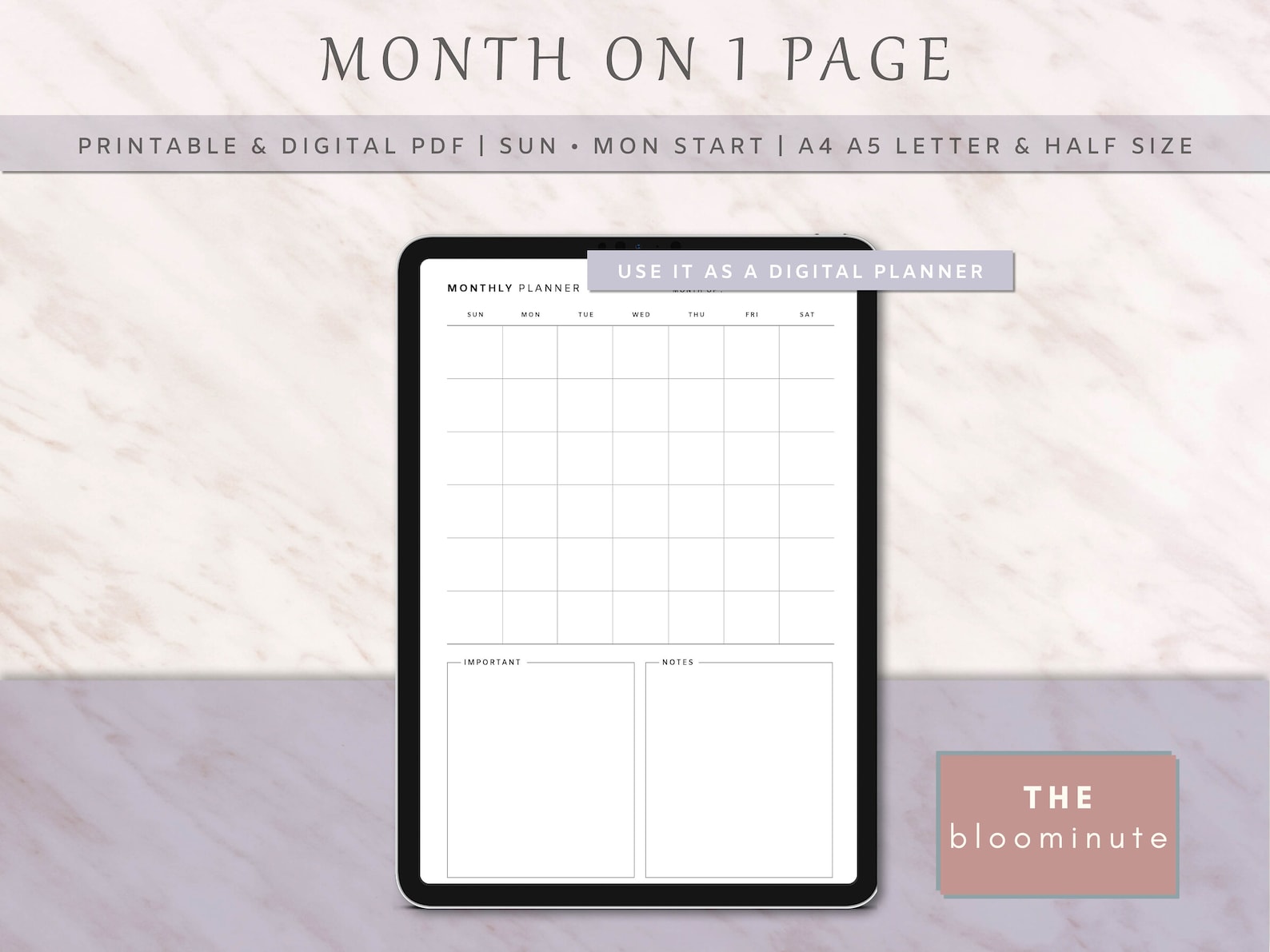 Undated Monthly Planner Printable, Simple Calendar, Month on 1 Page, A4 ...