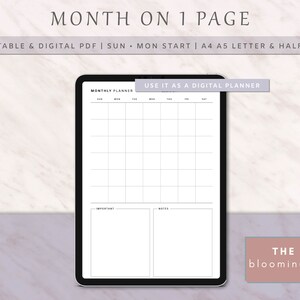 Undated Monthly Planner Printable, Simple Calendar, Month on 1 Page, A4 ...