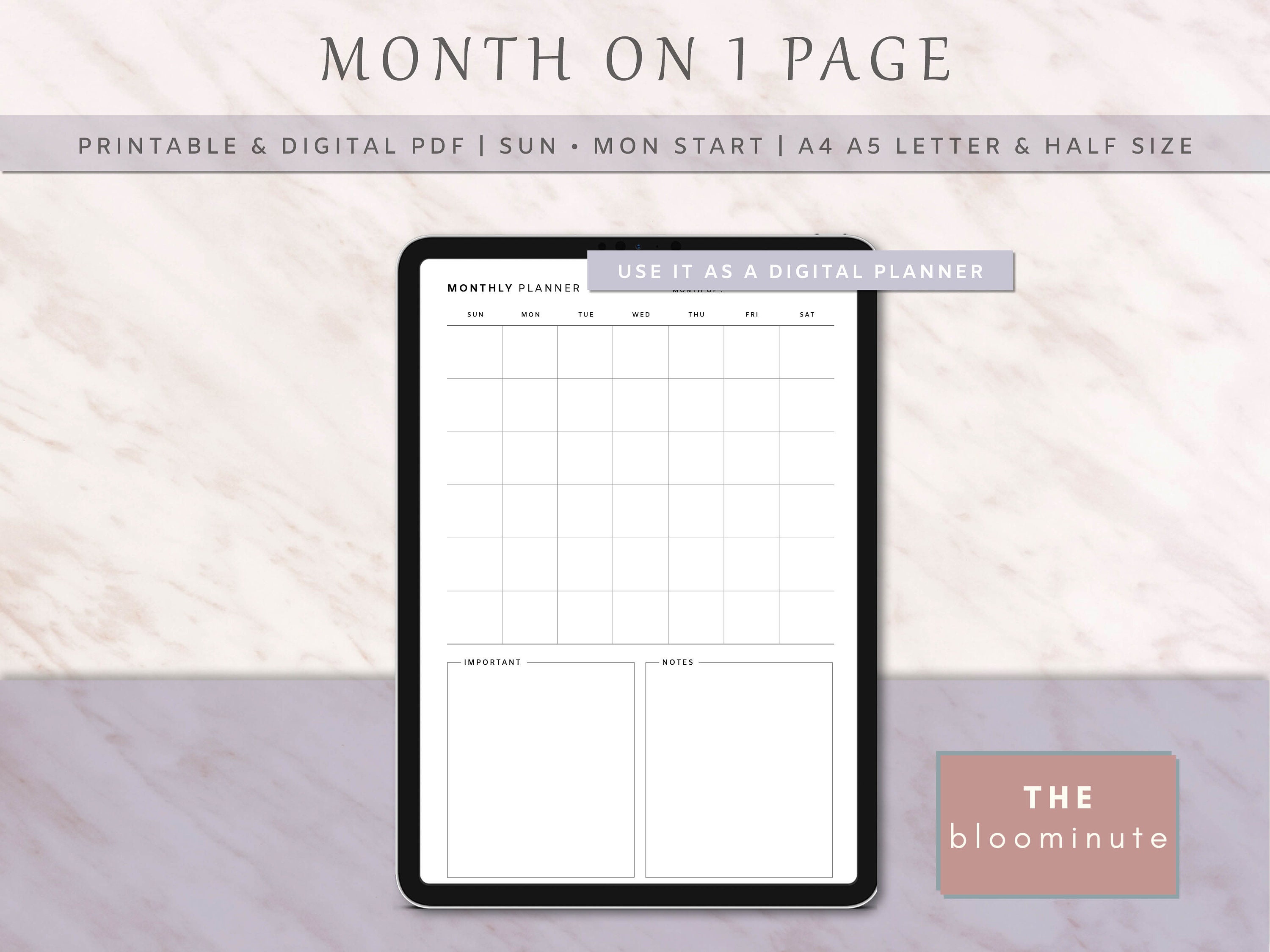 Undated Monthly Planner Printable, Simple Calendar, Month on 1 Page, A4 ...