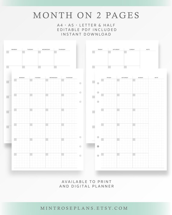 Month on 2 Pages Editable Planner Undated Monthly Planner | Etsy