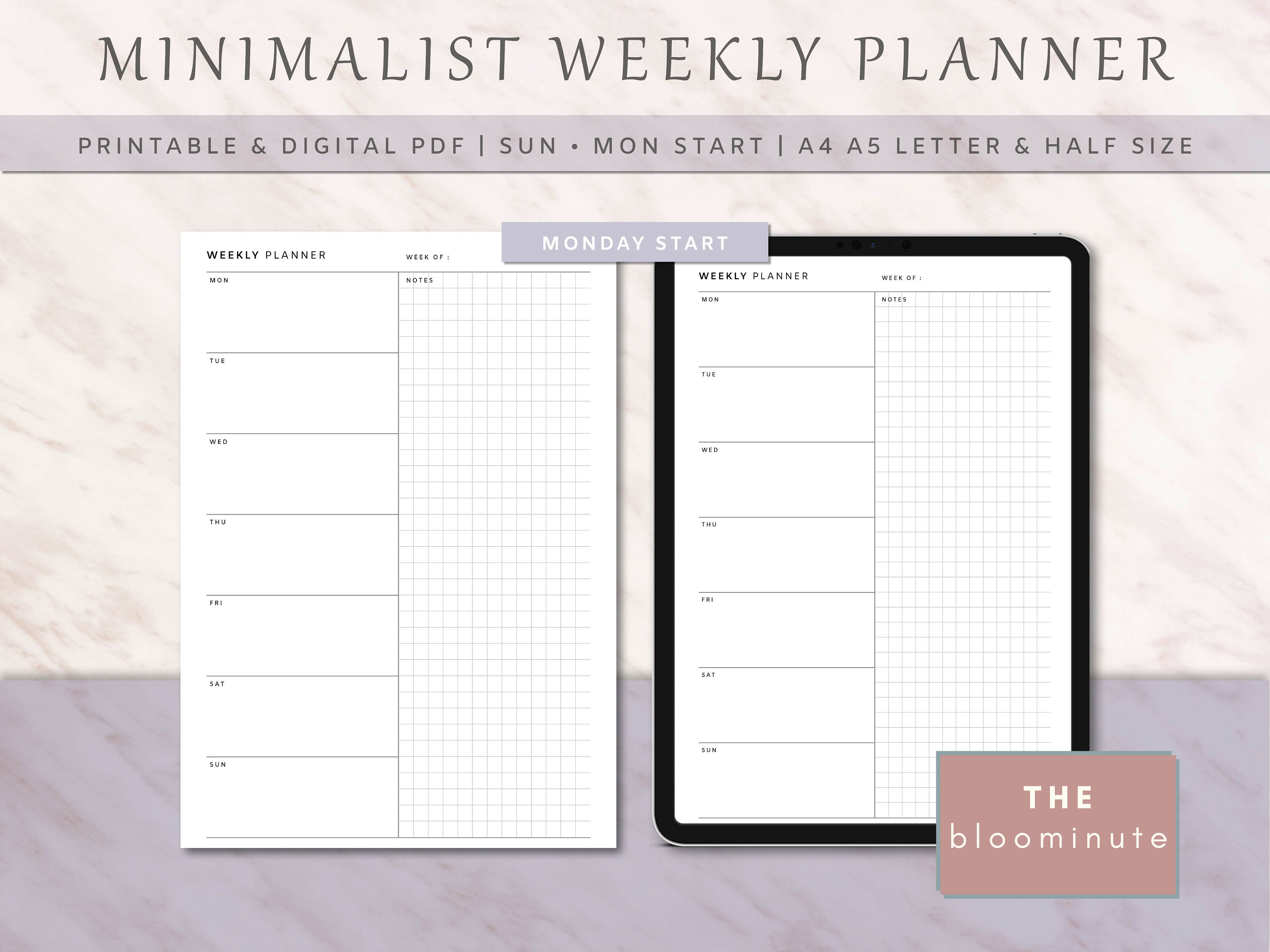 Minimalist Weekly Planner Printable PDF Week on 1 Page Simple - Etsy