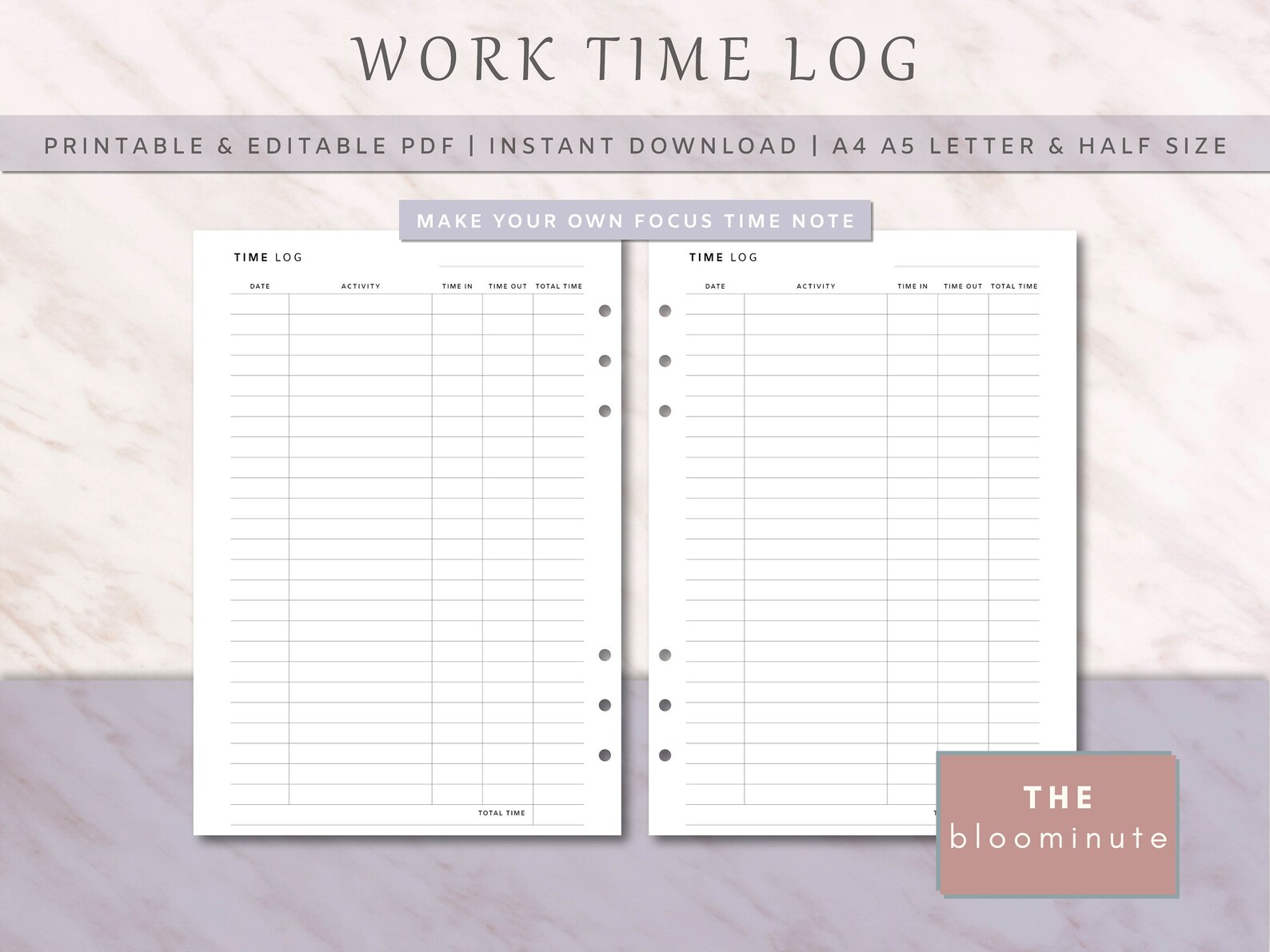 Minimalist Focus Time Tracker Editable PDF, Time Sheet Tracker, Work ...