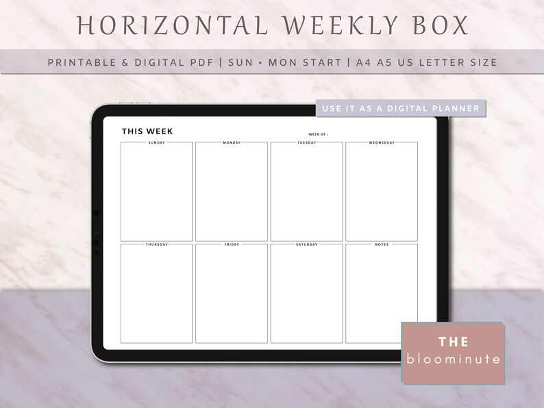 Landscape Weekly Planner Pages, Minimalist Weekly Boxes, A4, A5, US ...