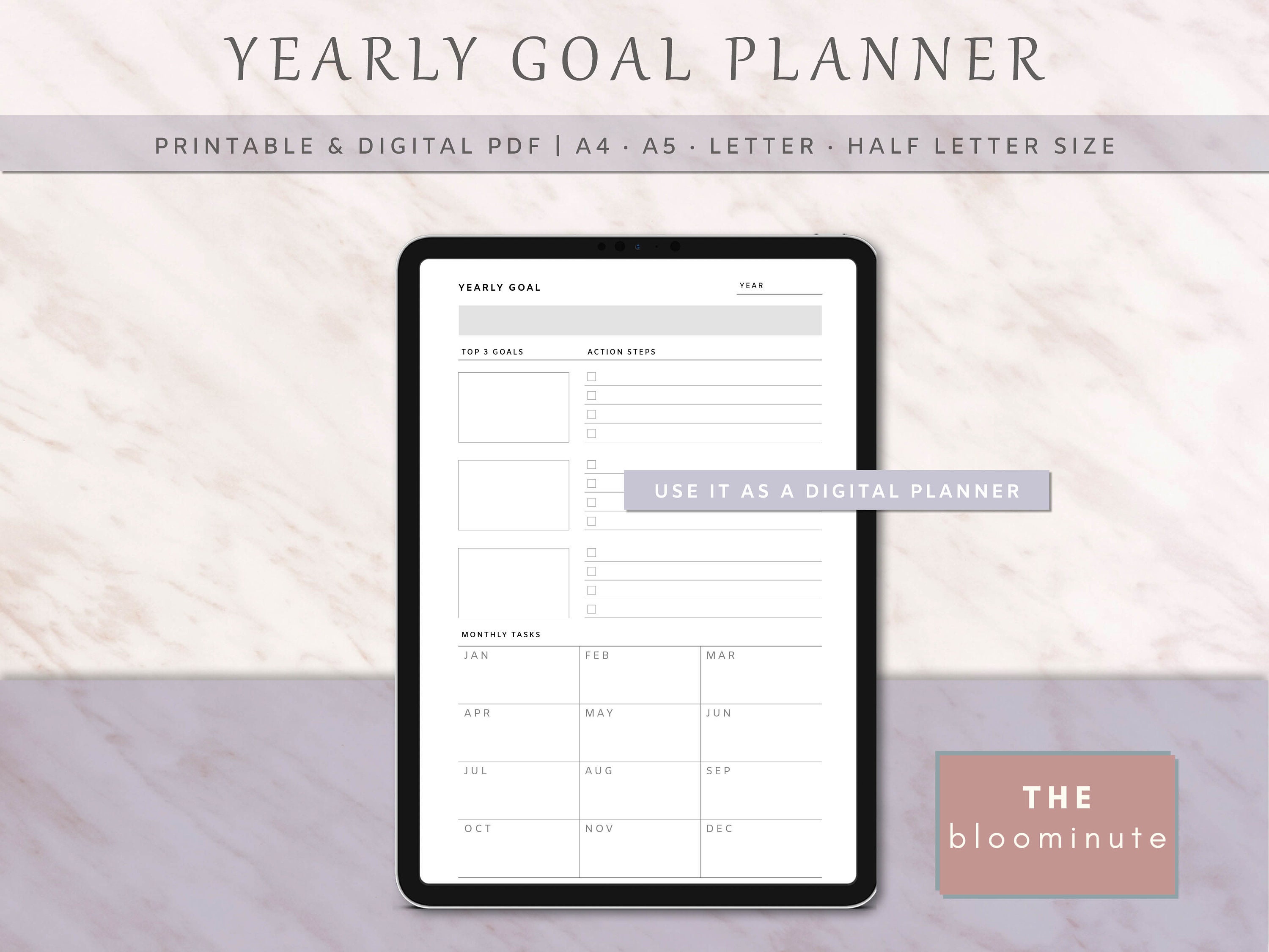 Printable Yearly Goal Planner | A4, A5, Letter, Half Letter | Year-long ...