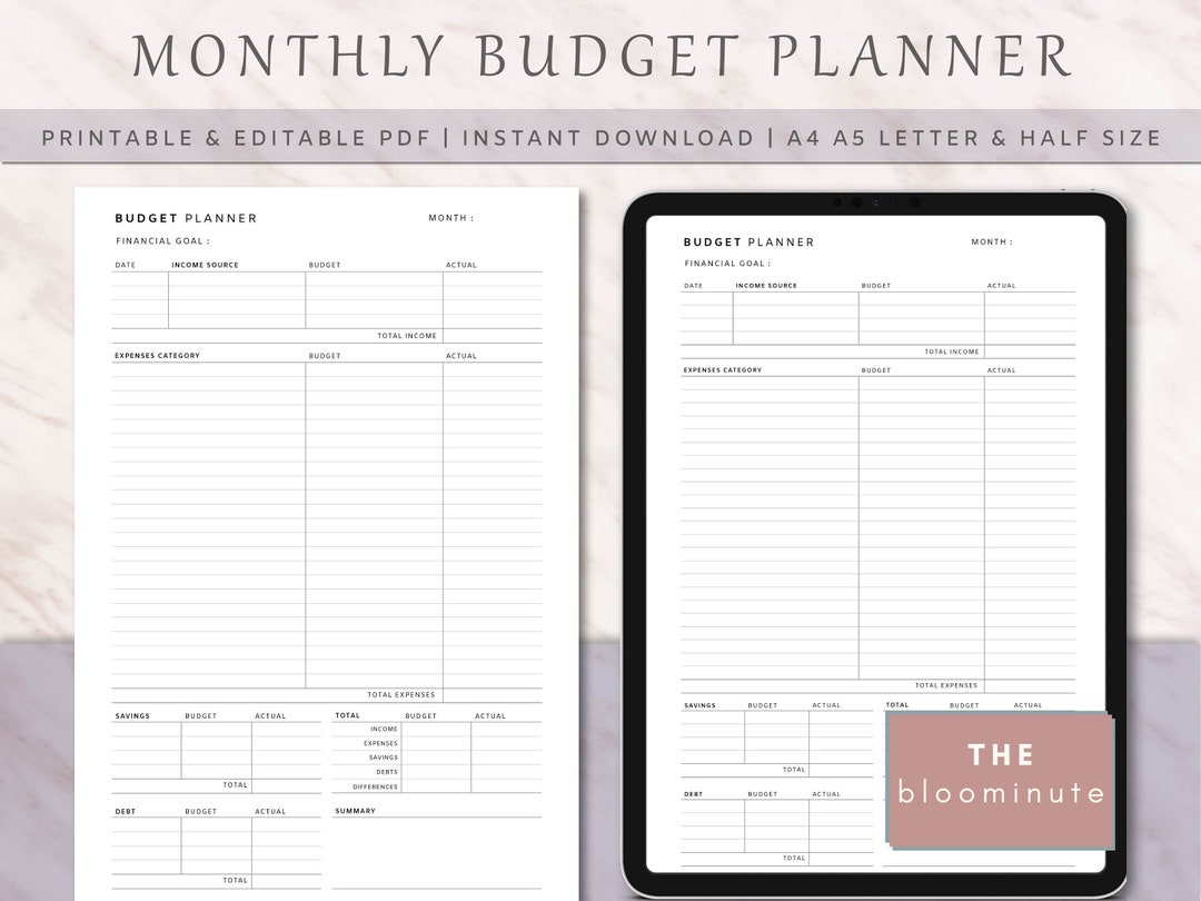 Editable Monthly Budget Planner PDF Template | A4 A5 US Letter & Half ...