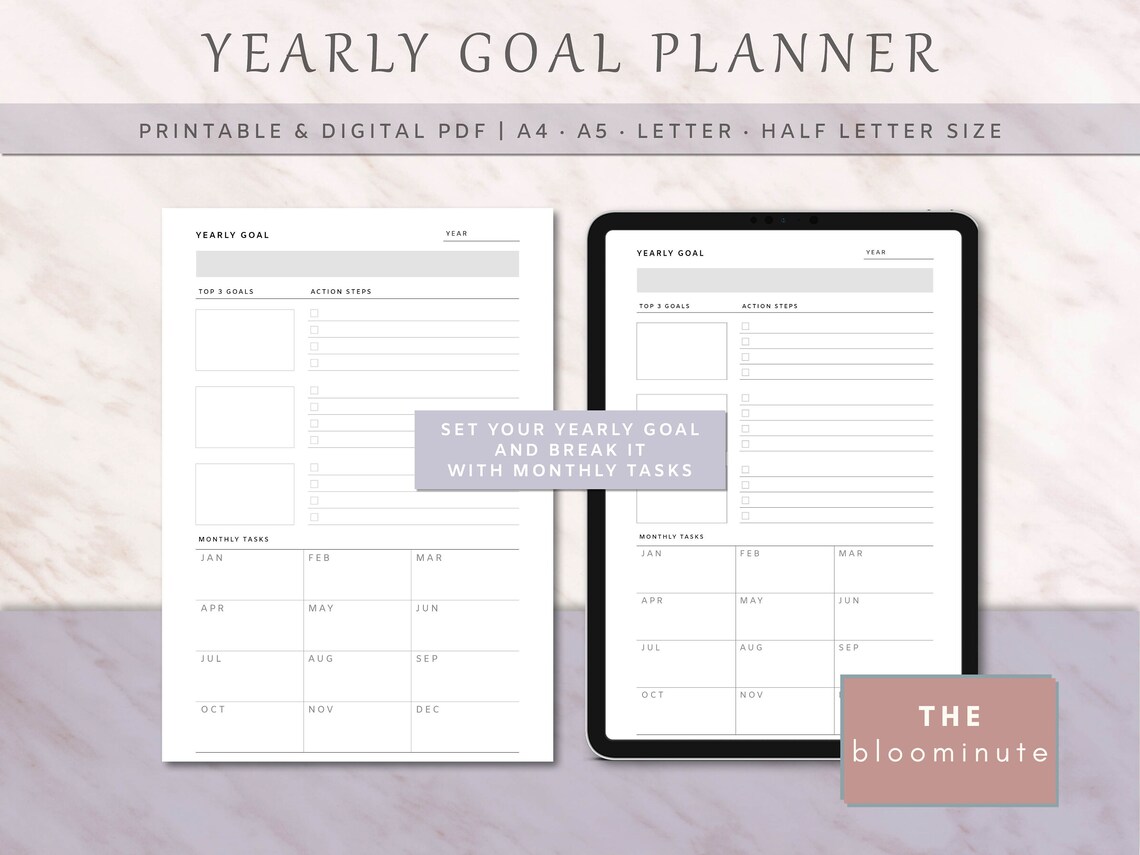 Printable Yearly Goal Planner A4, A5, Letter, Half Letter Year-long ...