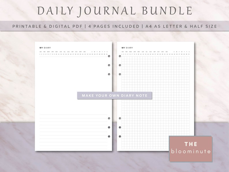 Printable & Digital Day Reflection Journal Pages, Lined, Dot Grid ...
