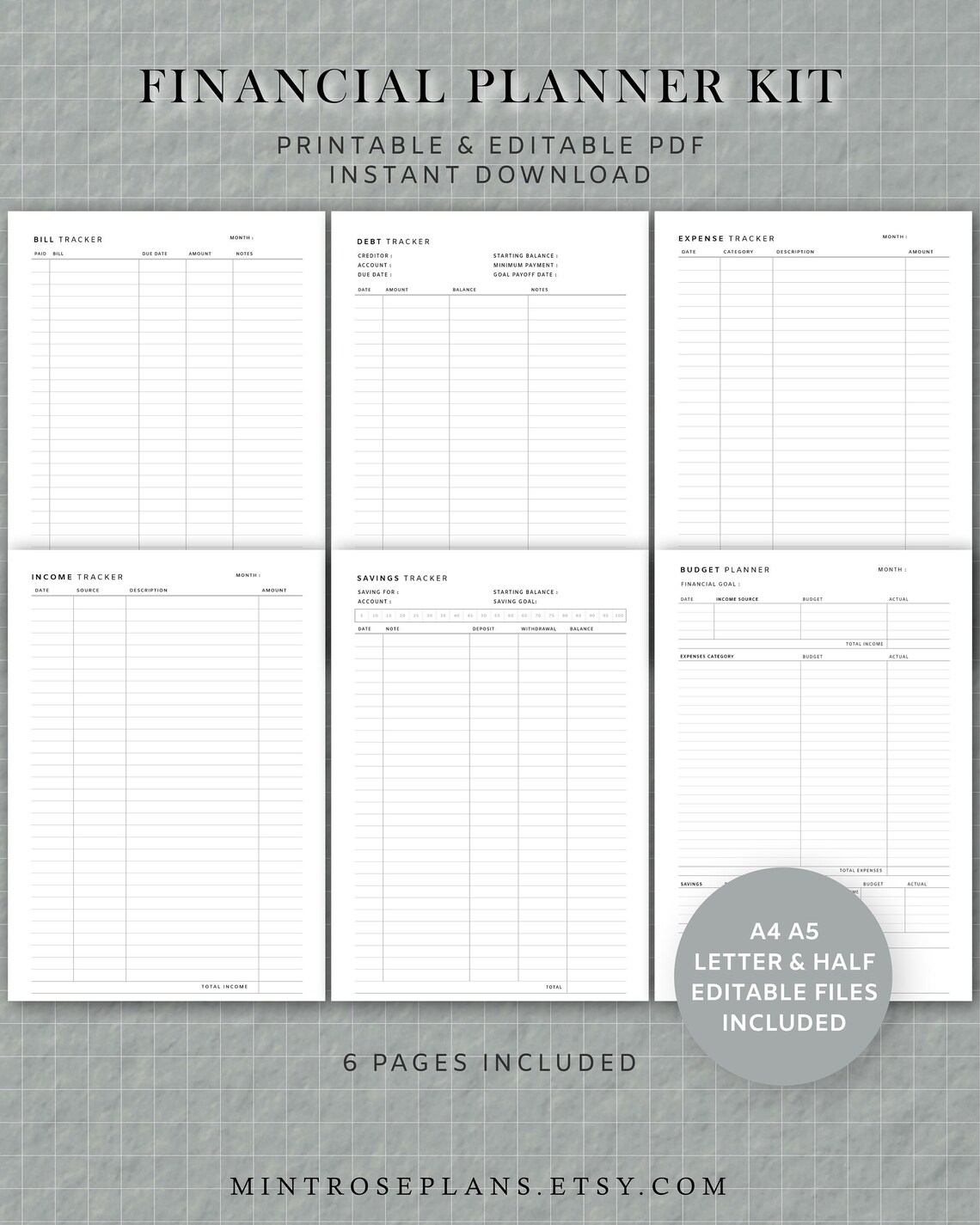 6-in-1 Editable Financial Planner Sheets Budget Planner Kit | Etsy