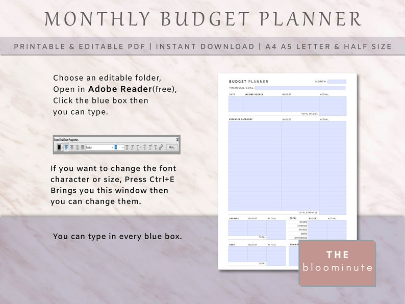 Editable Monthly Budget Planner PDF Template A4 A5 US Letter & Half ...