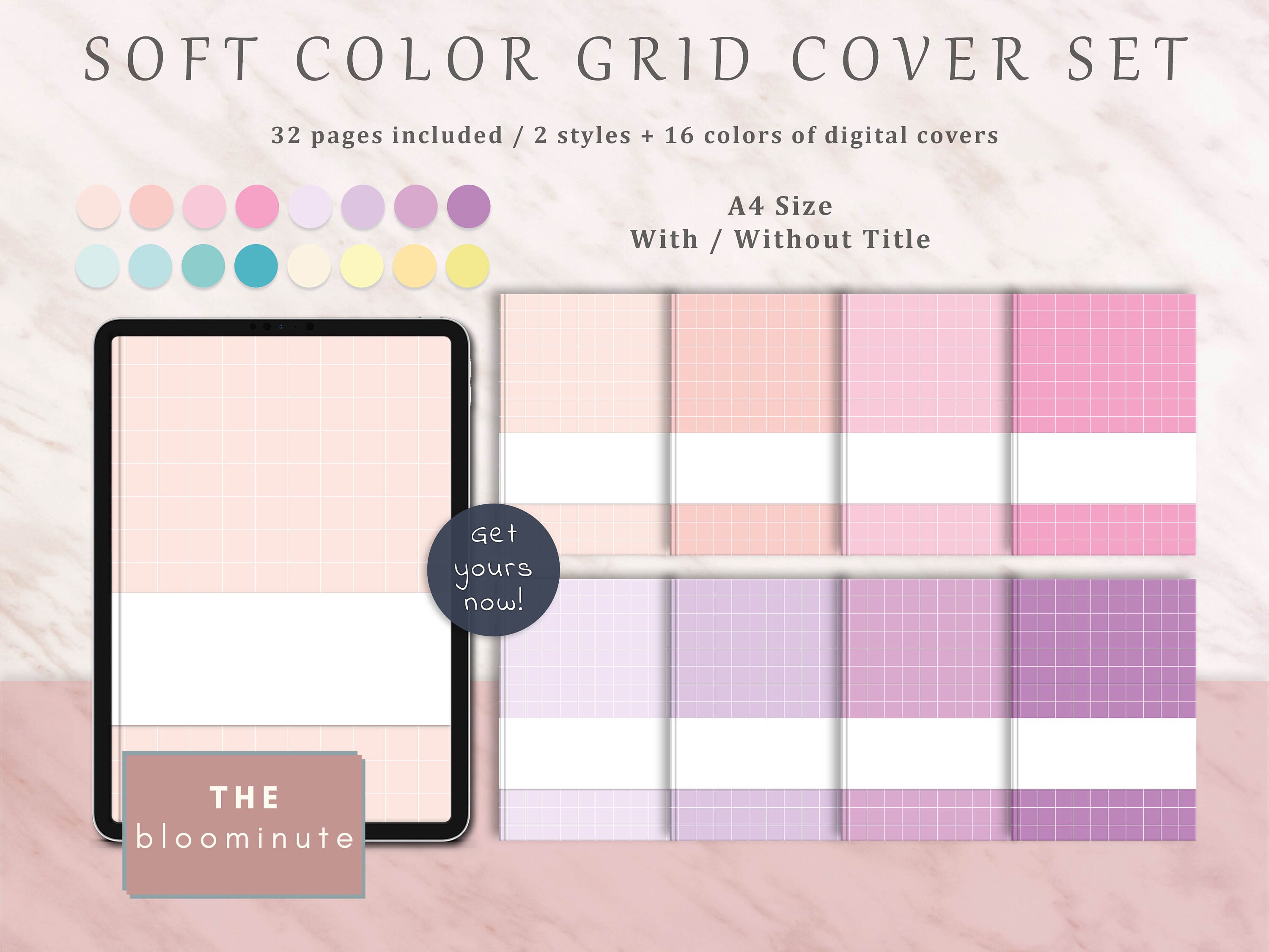 32 Cute Grid Aesthetic Cover for Digital Notebook, Portrait, Pastel ...