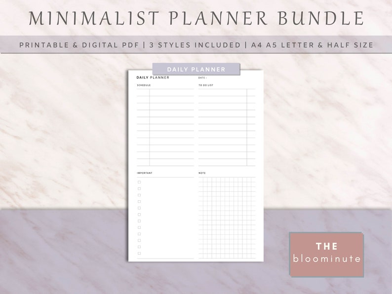 Minimalist Planner Bundle, Monthly, Weekly, Daily on 1 Page, A4, A5 ...