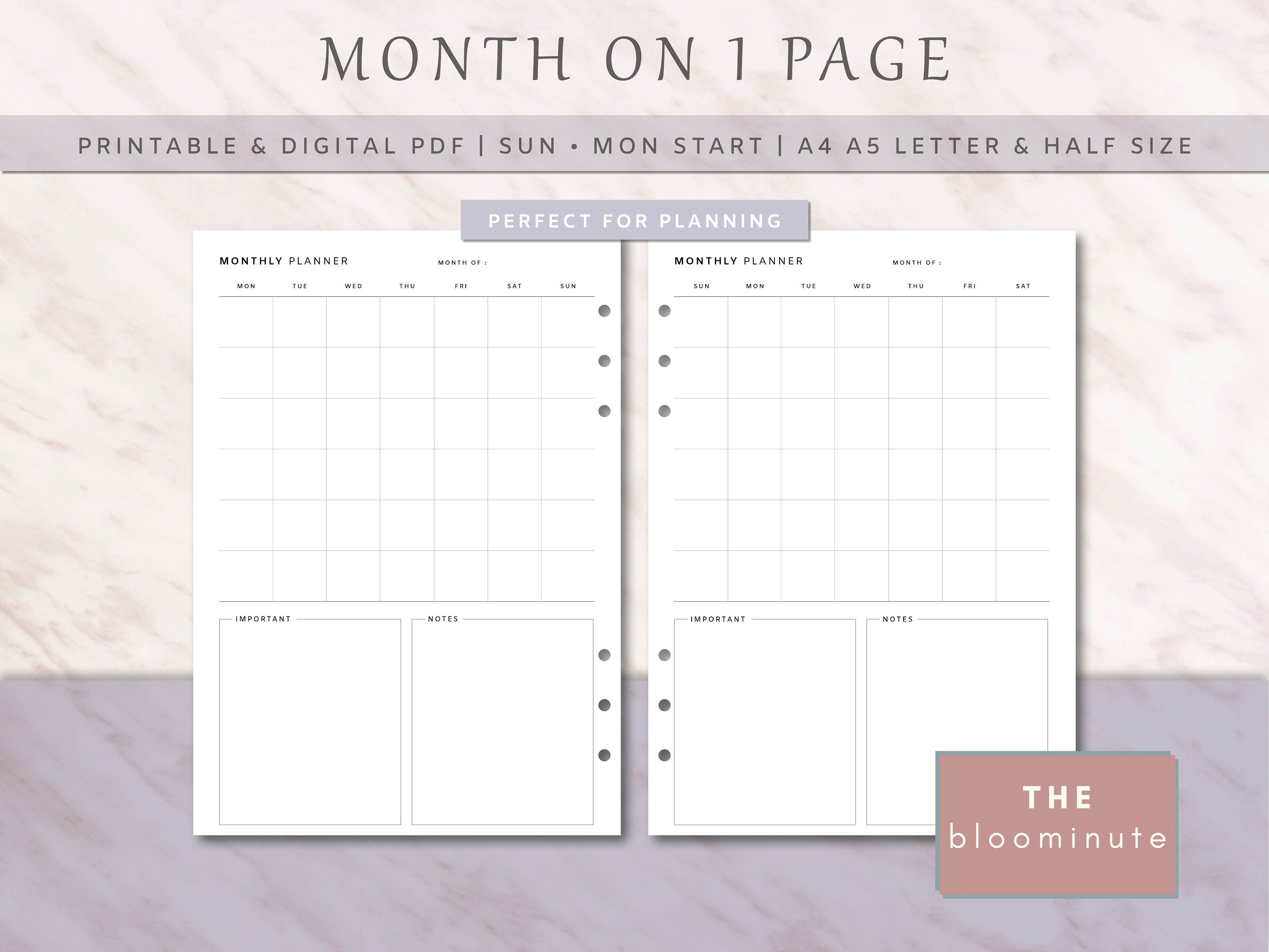 Undated Monthly Planner Printable, Simple Calendar, Month on 1 Page, A4 ...