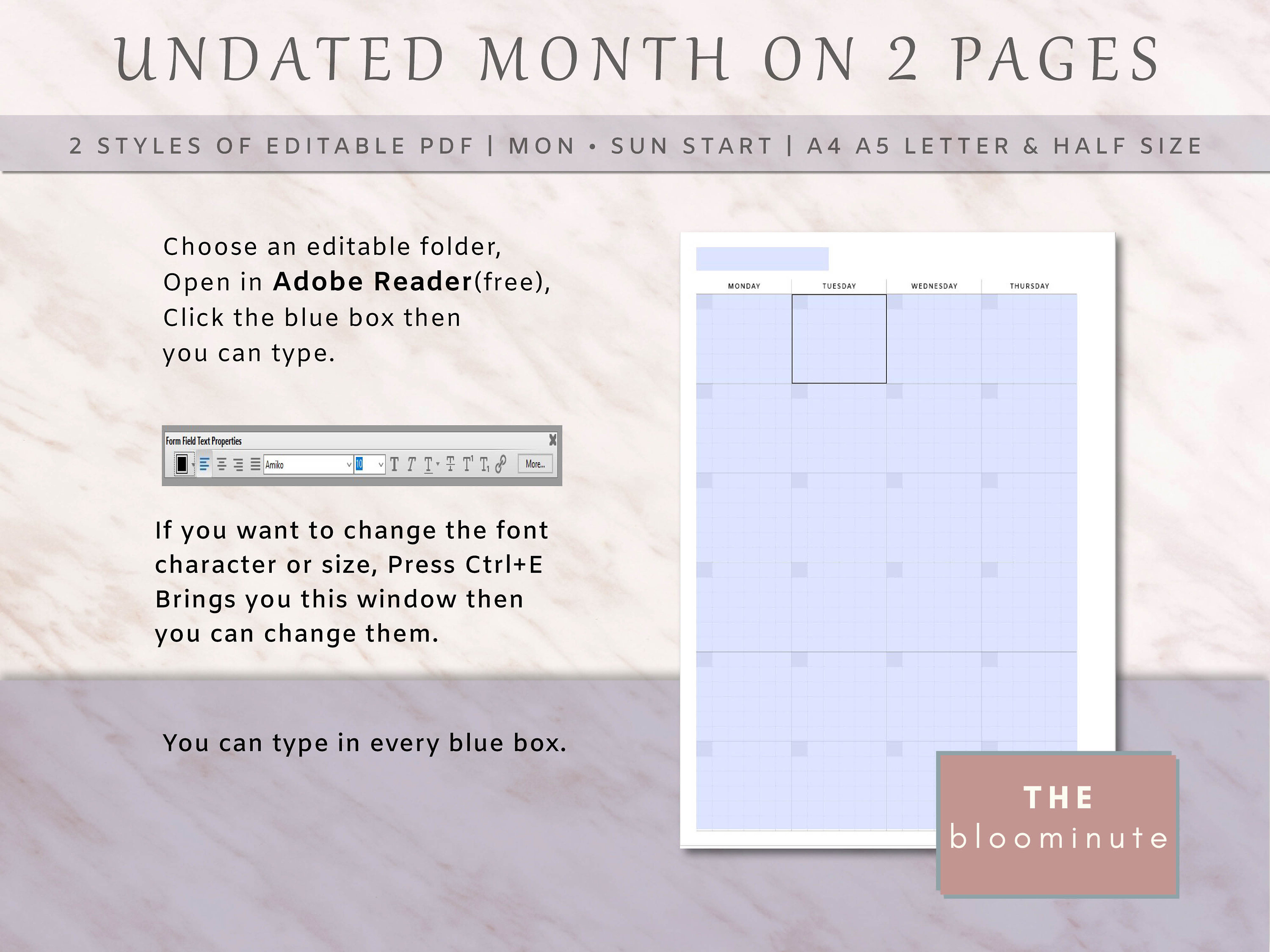 Month on 2 Pages Editable Planner Undated Monthly Planner Fillable PDF ...