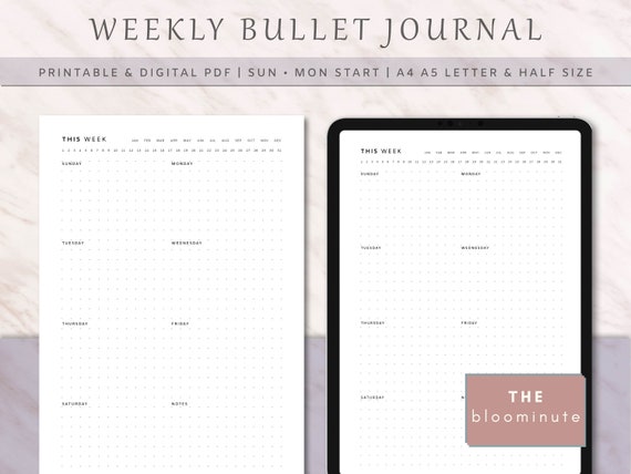 Printable Week on 1 Page Bullet Journal Template Monday | Etsy