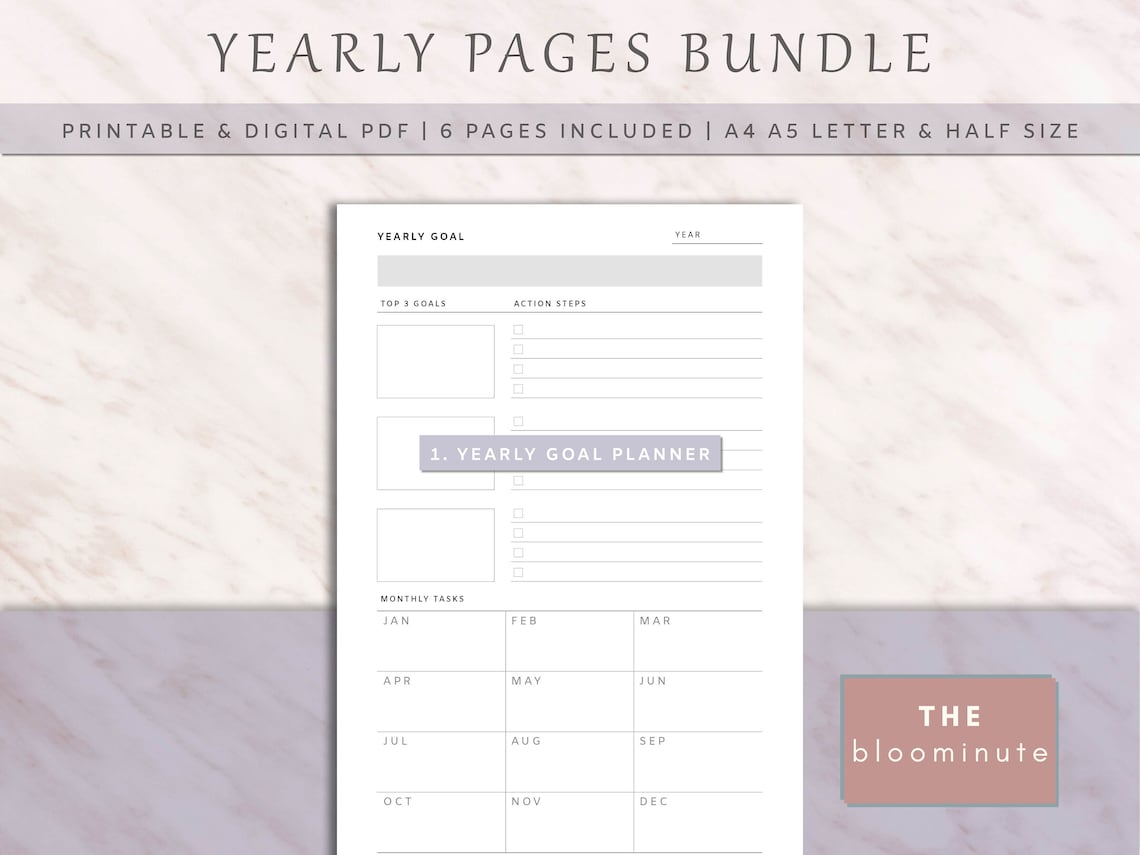 Printable Yearly Pages Bundle A4, A5, Letter & Half Year-long Planner ...