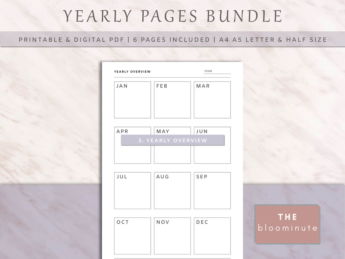 Printable Yearly Pages Bundle A4, A5, Letter & Half Year-long Planner ...