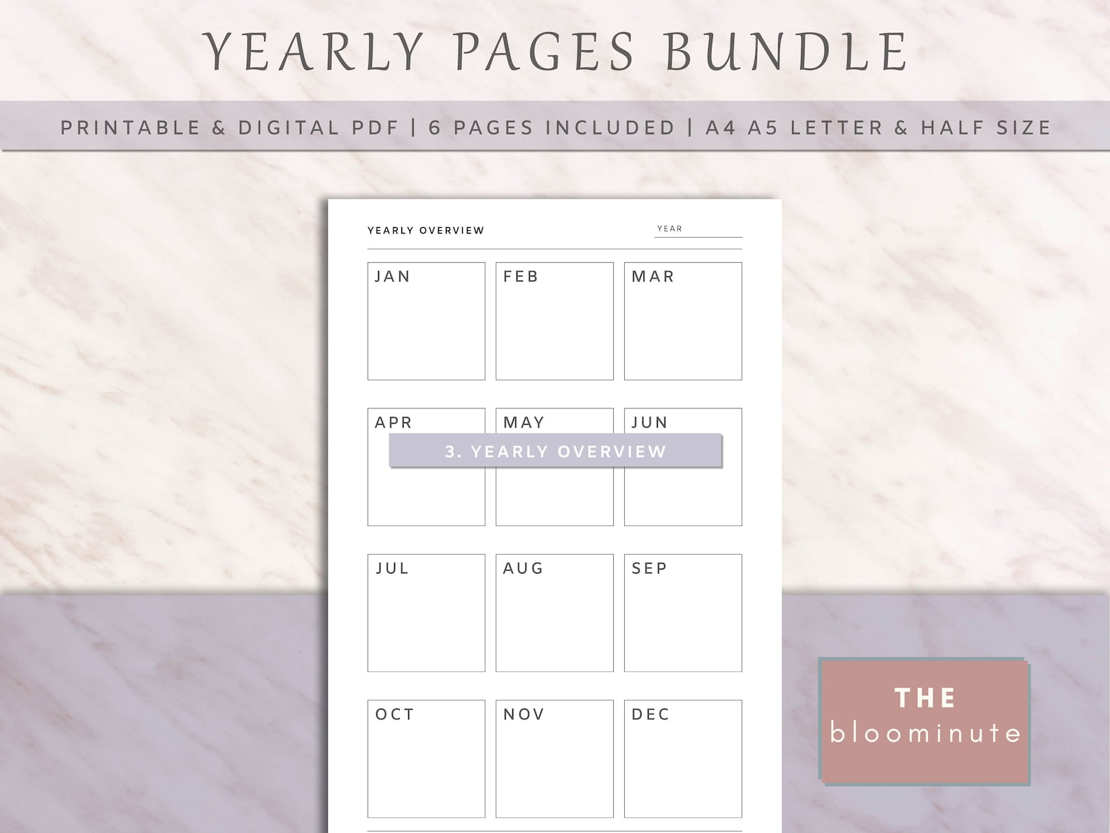 Printable Yearly Pages Bundle | A4, A5, Letter & Half | Year-long ...