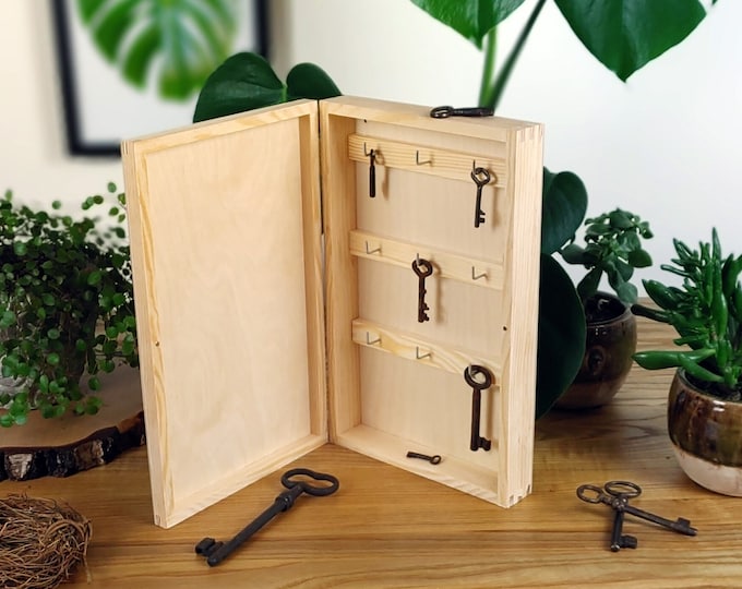 Natural Unpainted Wooden Key Box, Hanging Key Box, Key Hooks, Rustic ...