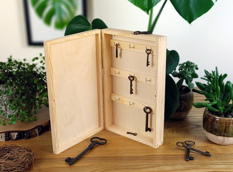 Natural Unpainted Wooden Key Box, Hanging Key Box, Key Hooks, Rustic ...