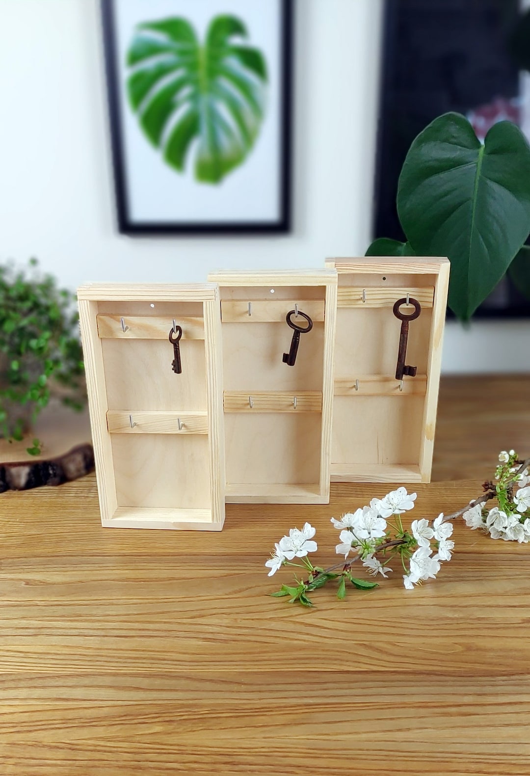 Natural Unpainted Wooden Key Box, Hanging Key Box, Key Hooks, Rustic ...