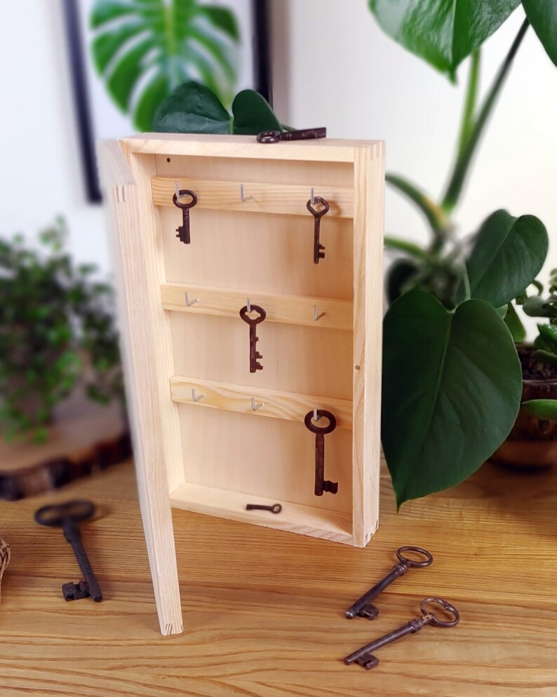 Natural Unpainted Wooden Key Box, Hanging Key Box, Key Hooks, Rustic ...