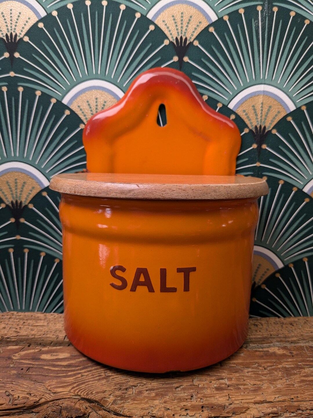 Vintage Salt Container With Orange Wooden Lid, Danish Enamel Orange ...