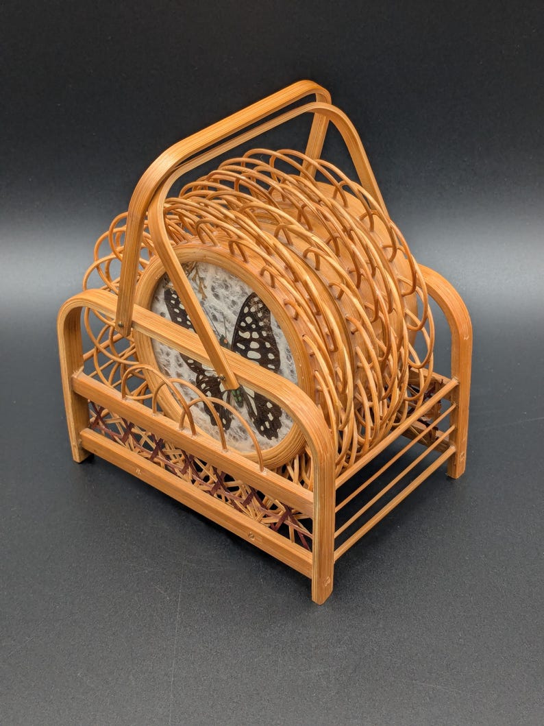 Glass Coasters in a Basket, Set of 6, Butterflies, Boho Style, Vintage ...