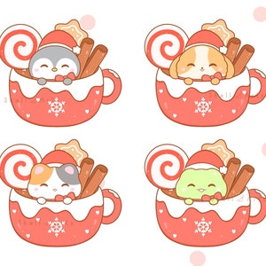 Kawaii Christmas Animals in a Cup Clipart, Christmas Animals PNG ...