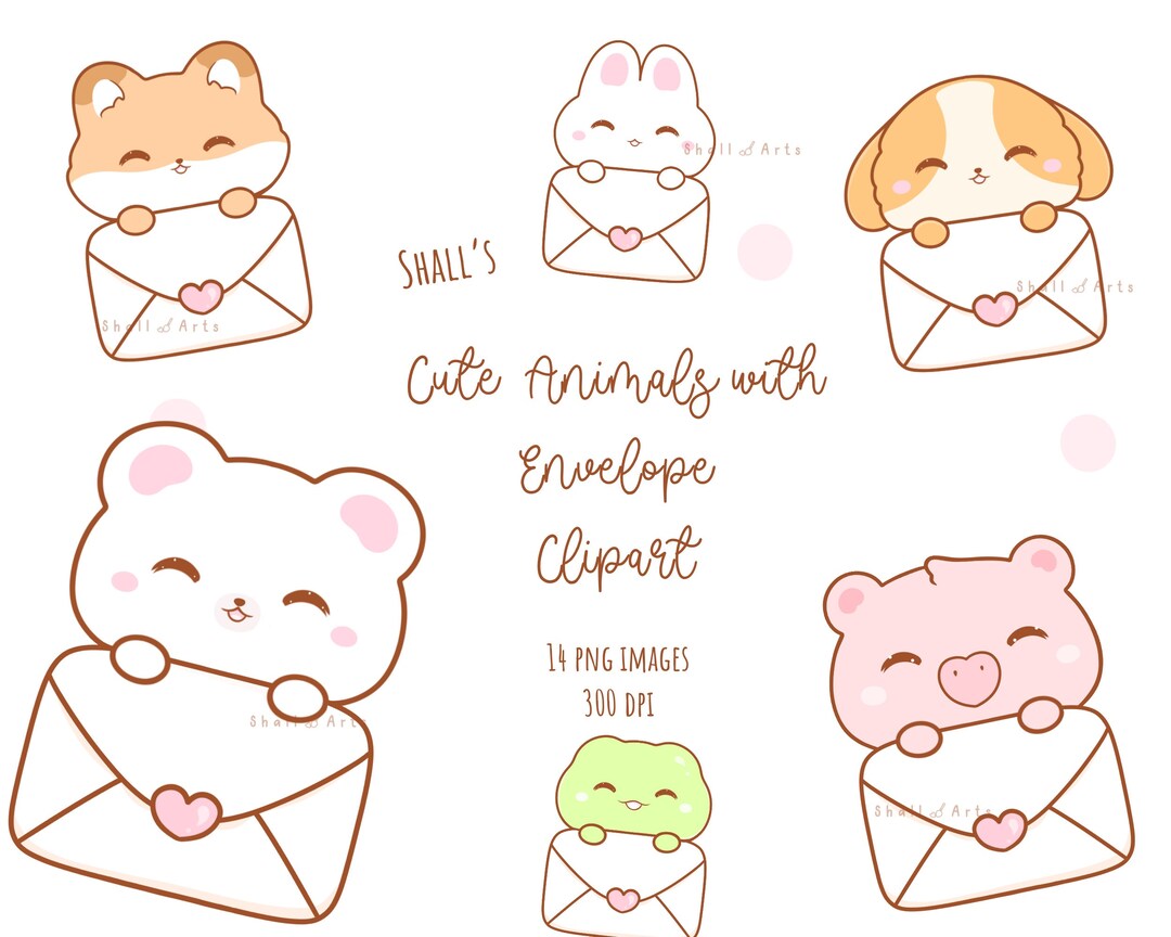 Kawaii Animals With Envelope Clipart, Envelope PNG, Heart Clipart ...