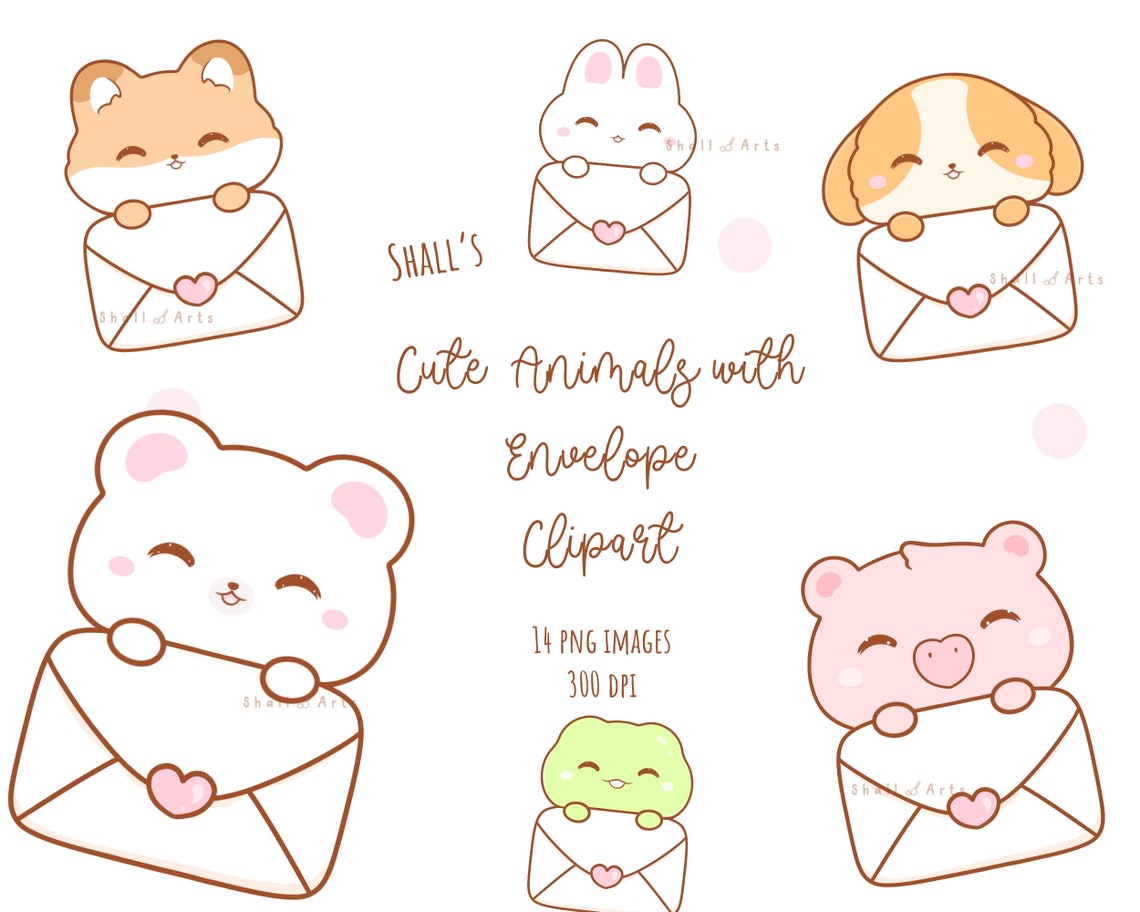 Kawaii Animals With Envelope Clipart Envelope PNG Heart - Etsy