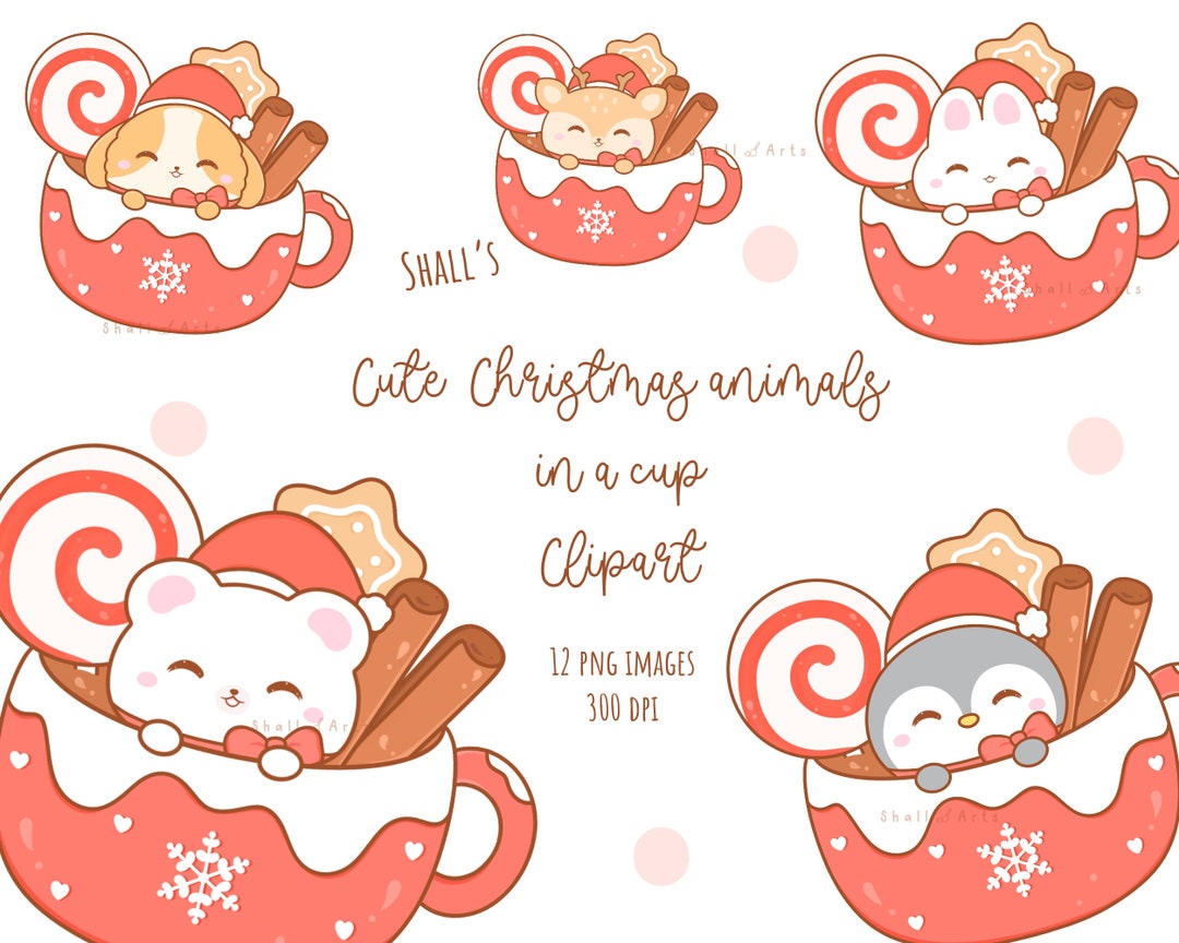 Kawaii Christmas Animals in a Cup Clipart, Christmas Animals PNG ...