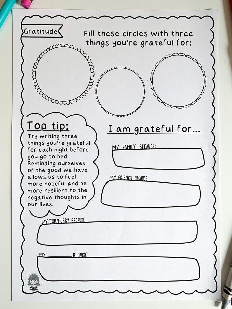 Gratitude Therapeutic Wellbeing Worksheet Mindful Mollie | Etsy