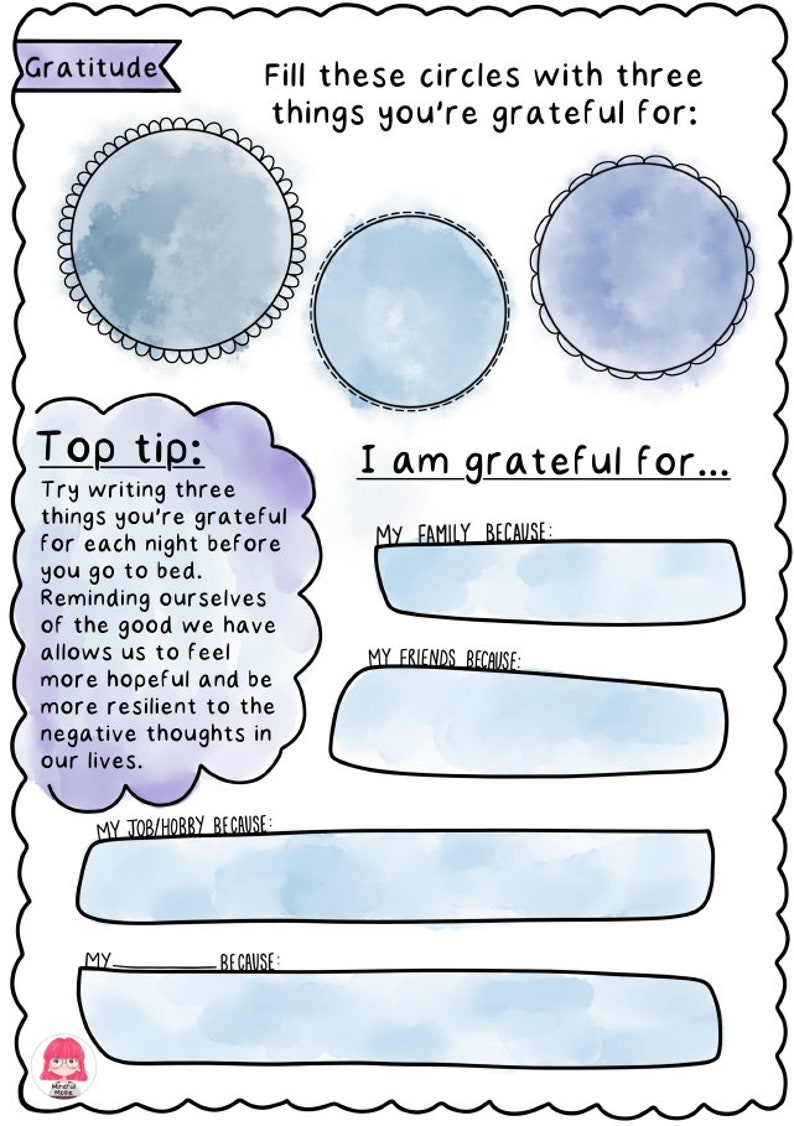 Gratitude Therapeutic Wellbeing Worksheet Mindful Mollie | Etsy