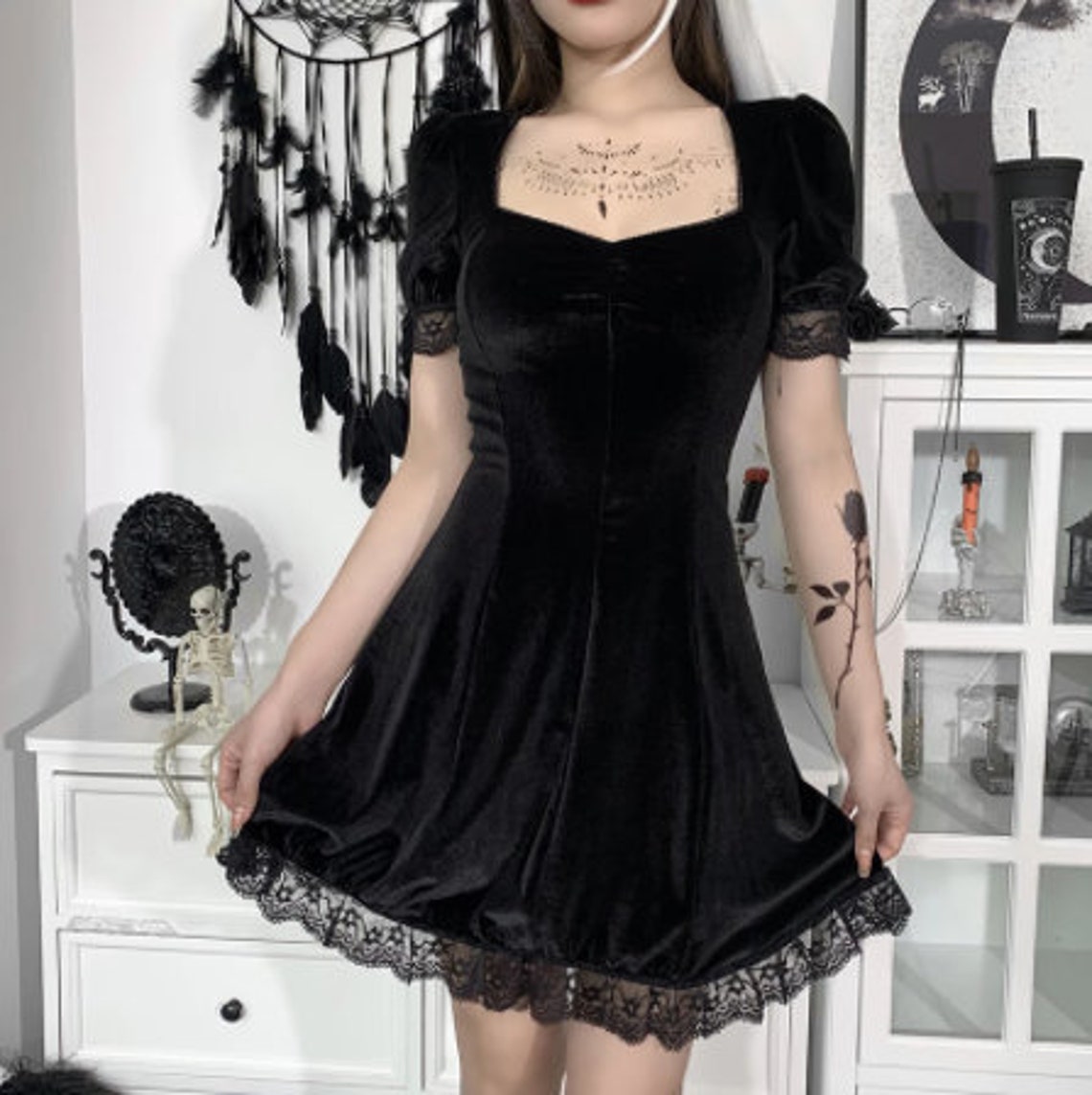 Vintage Lace Black Dress Goth Sexy High Waist Mini Dress Etsy