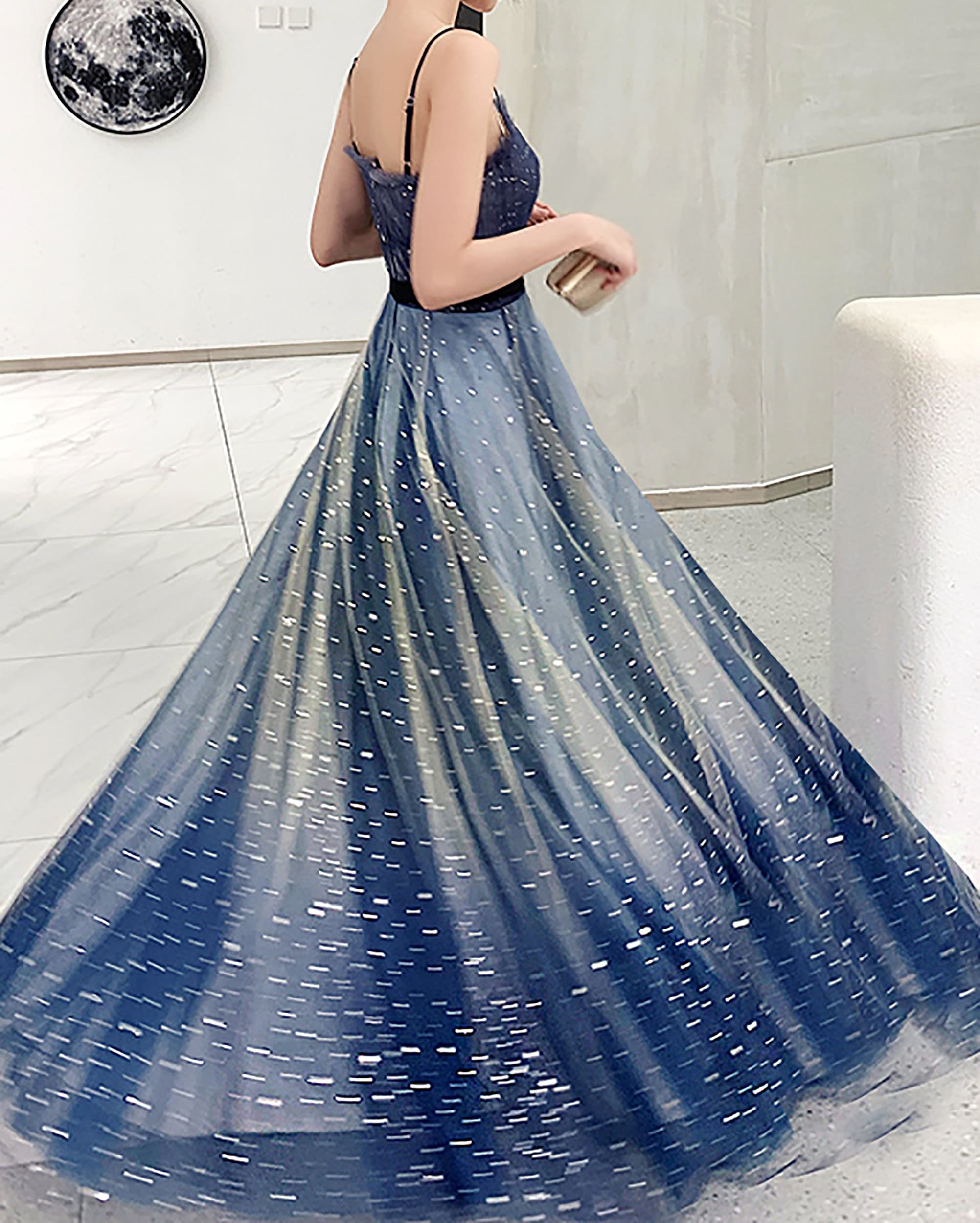 Gradient Blue Prom Dress Sparkling Spaghetti Straps Prom Dress | Etsy