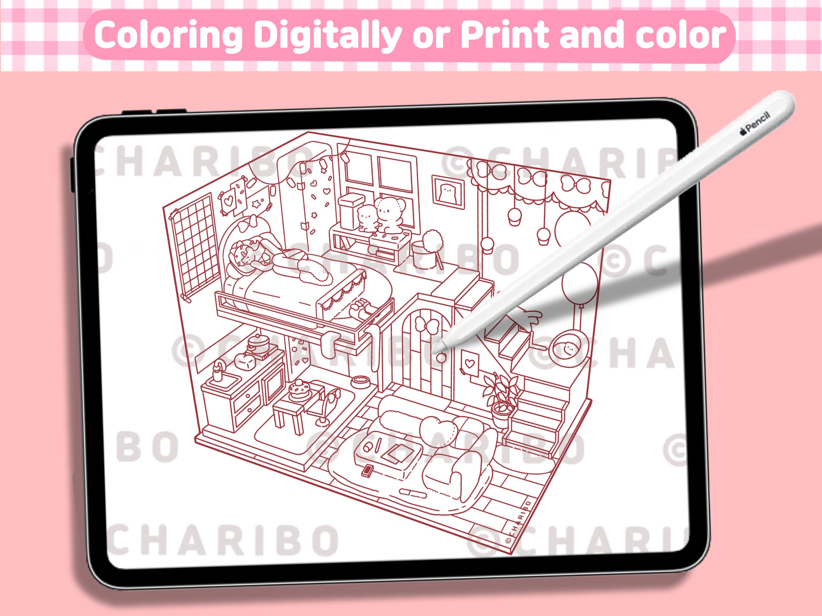 3D Ribo's Room Digital Coloring Pages, Printable Coloring Pages, Adult ...