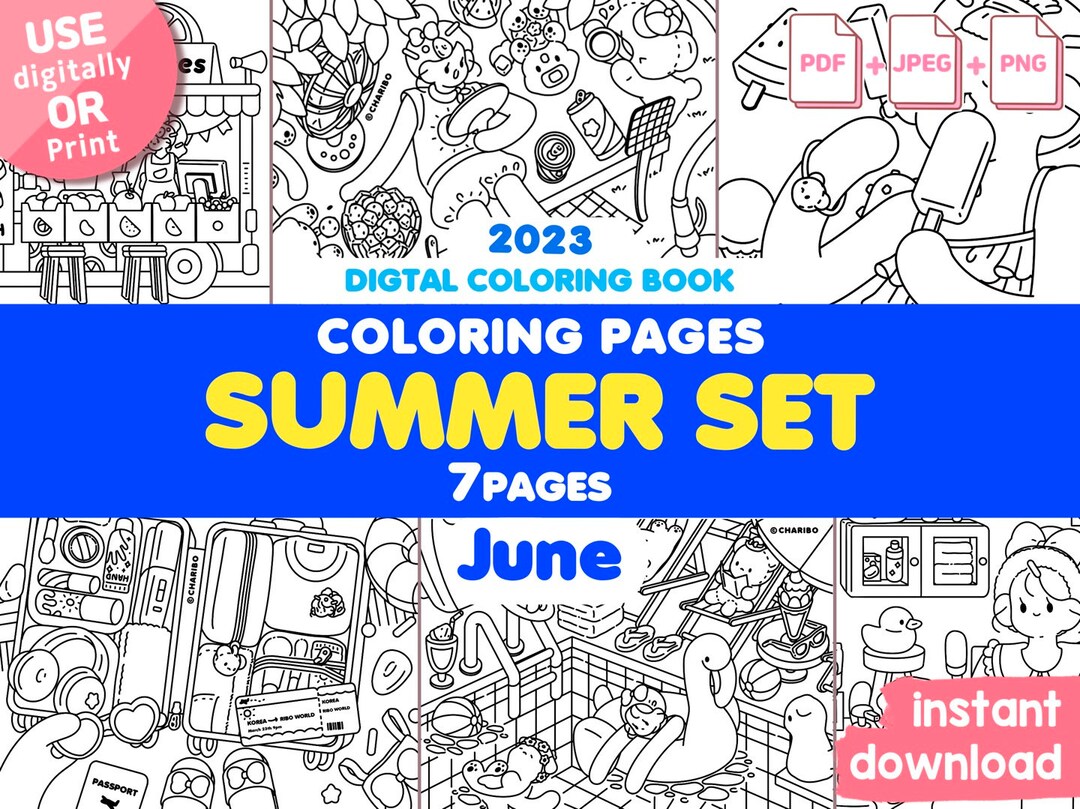 Summer Coloring Book: 7 Printable Pages (PDF, JPEG, PNG) - Etsy