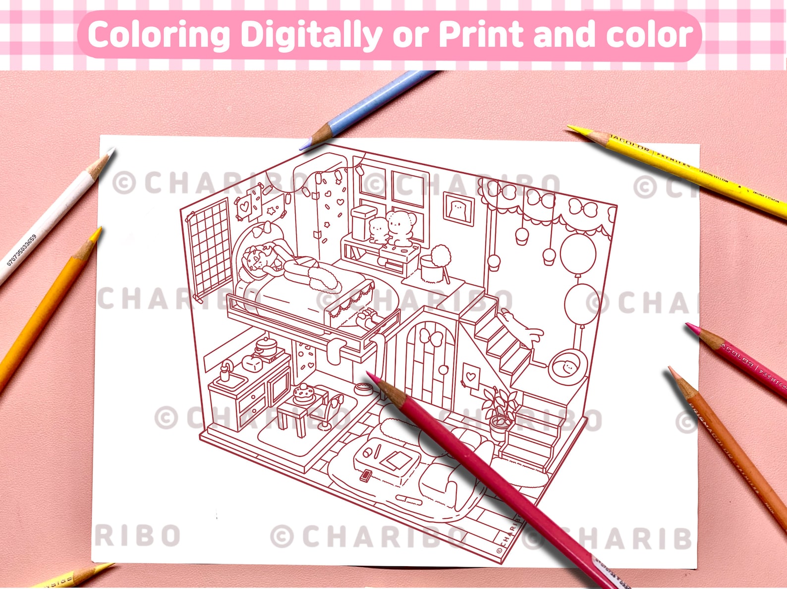 3D Ribo's Room Digital Coloring Pages, Printable Coloring Pages, Adult ...
