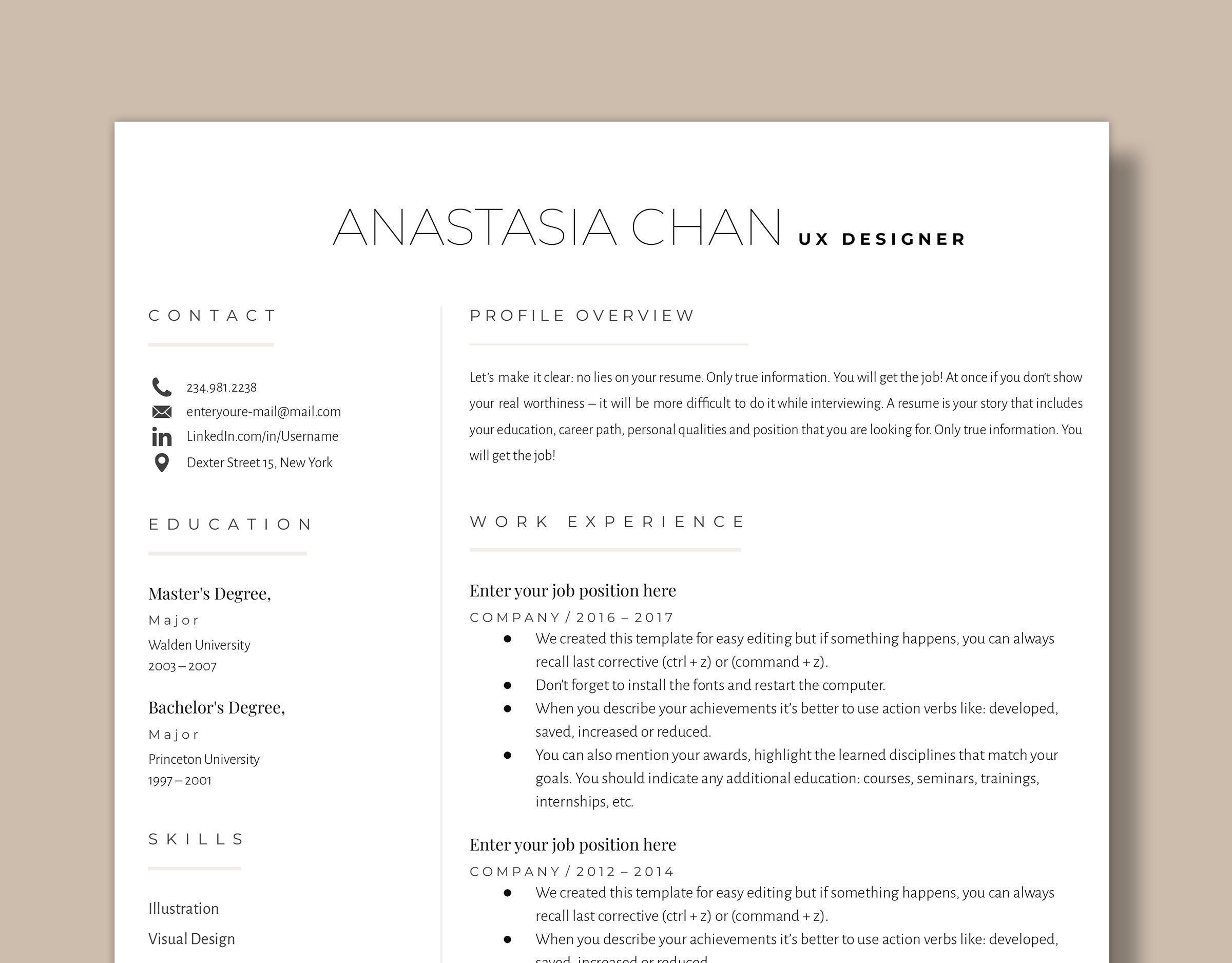 Resume CV for Ux/ui Designer ATS Compliant, Google Docs Resume, Word ...