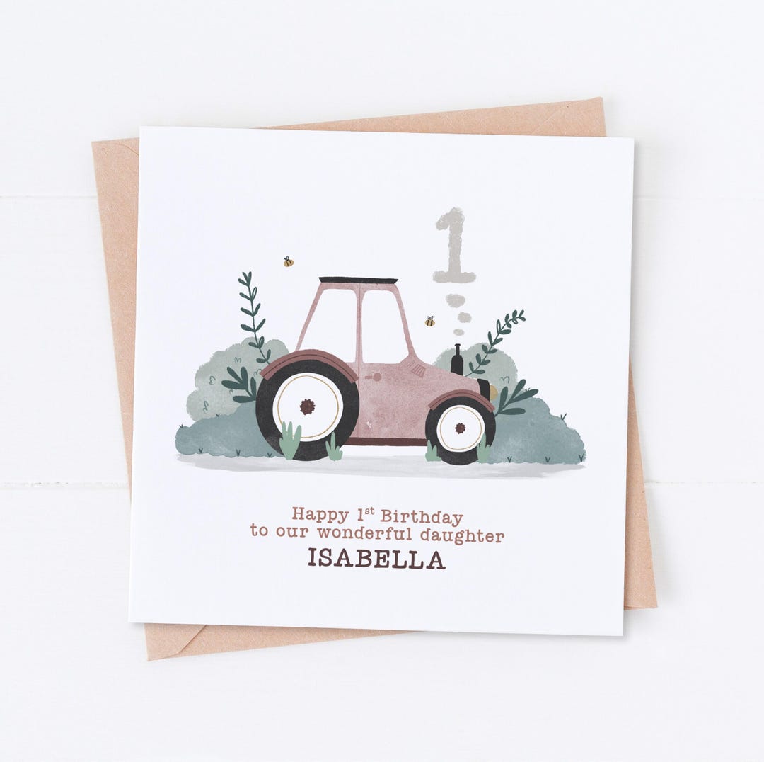 Personalised Pink Tractor 1st Birthday Card, Farm Birthday, First ...
