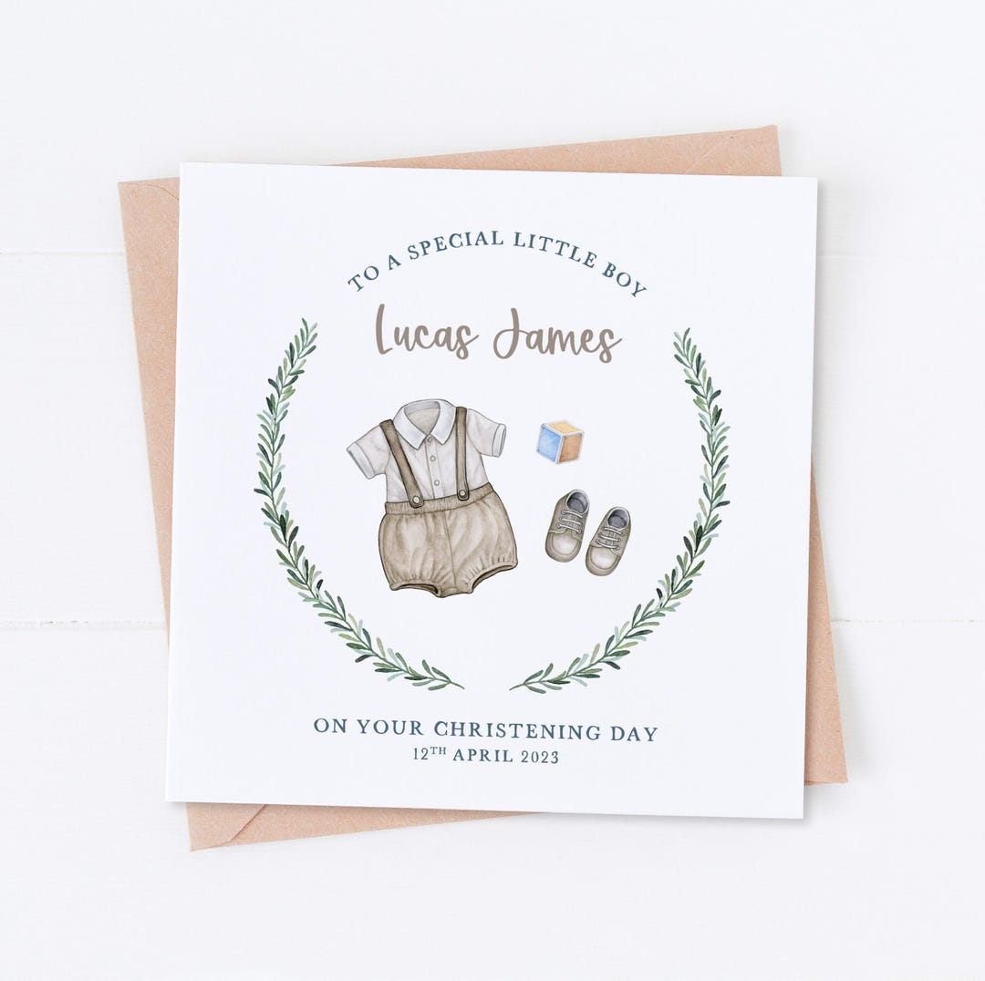 Personalised Christening Boy Outfit Card, Baptism Card, Boy Christening ...