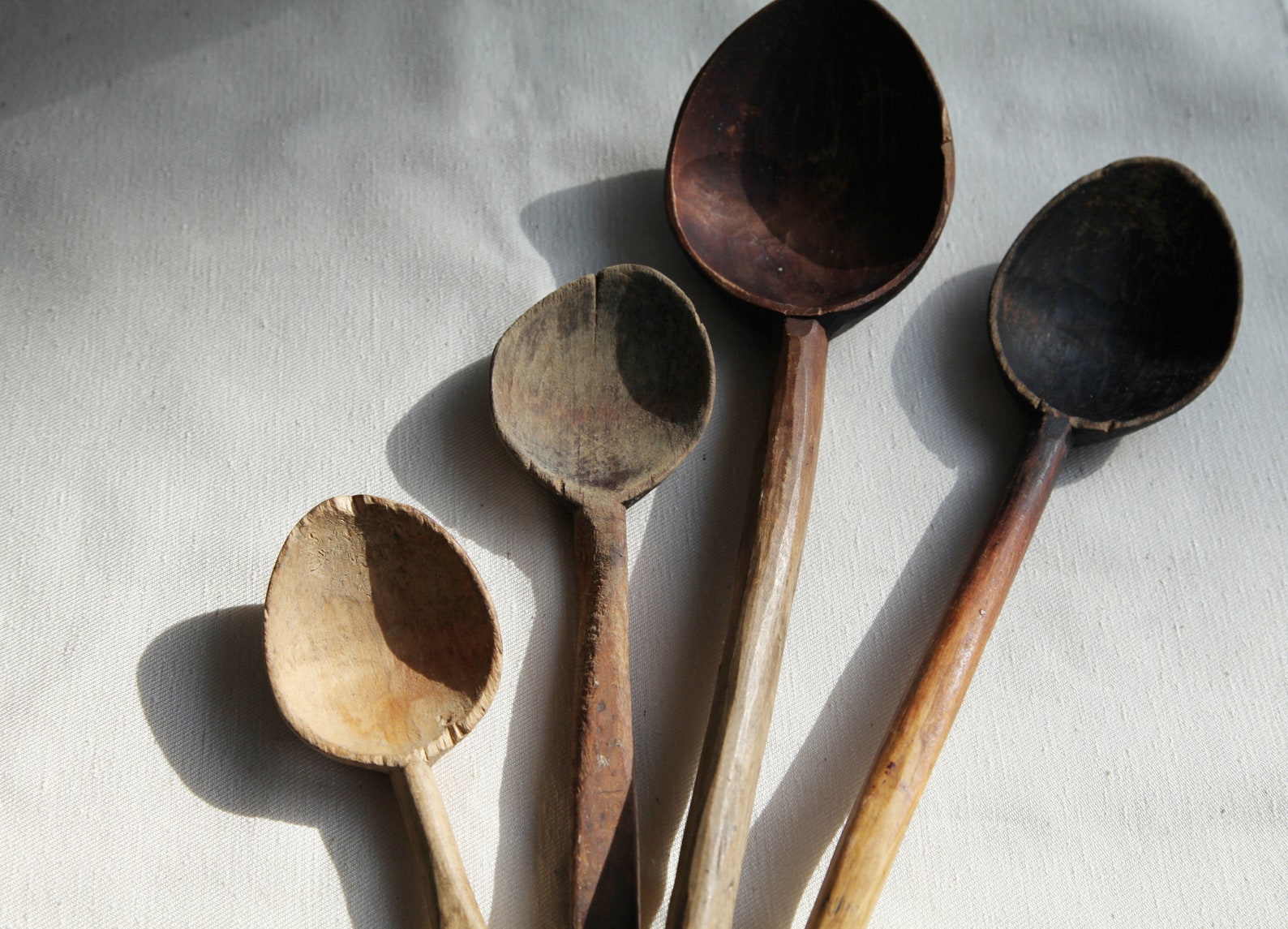 Lot of 4 Primitive Wooden Handmade Spoons, Old Antique Carved Paddle ...