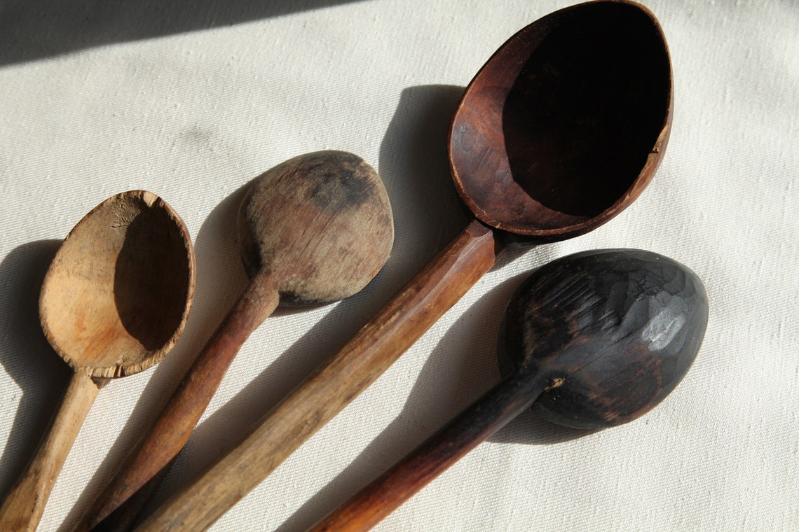 Lot of 4 Primitive Wooden Handmade Spoons, Old Antique Carved Paddle ...