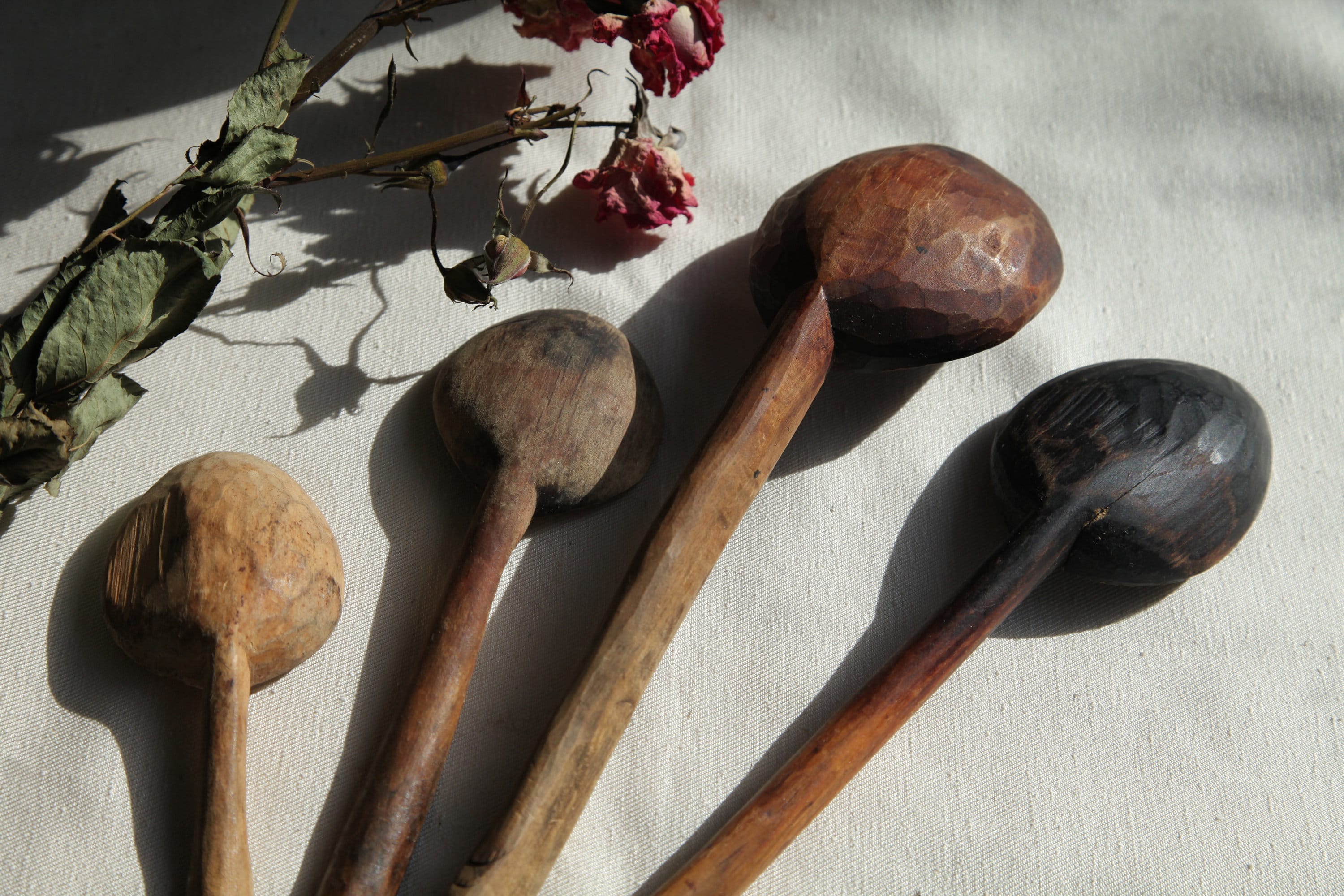 Lot of 4 Primitive Wooden Handmade Spoons, Old Antique Carved Paddle ...